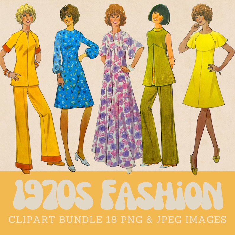 1970s Clipart Women's Fashion Clipart Bundle Groovy 70s Retro Fashion ...