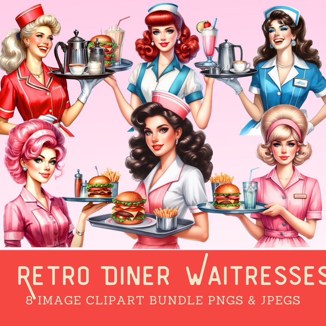 Retro Diner Waitress Clipart Bundle Vintage Waitress PNG 1950s Style ...