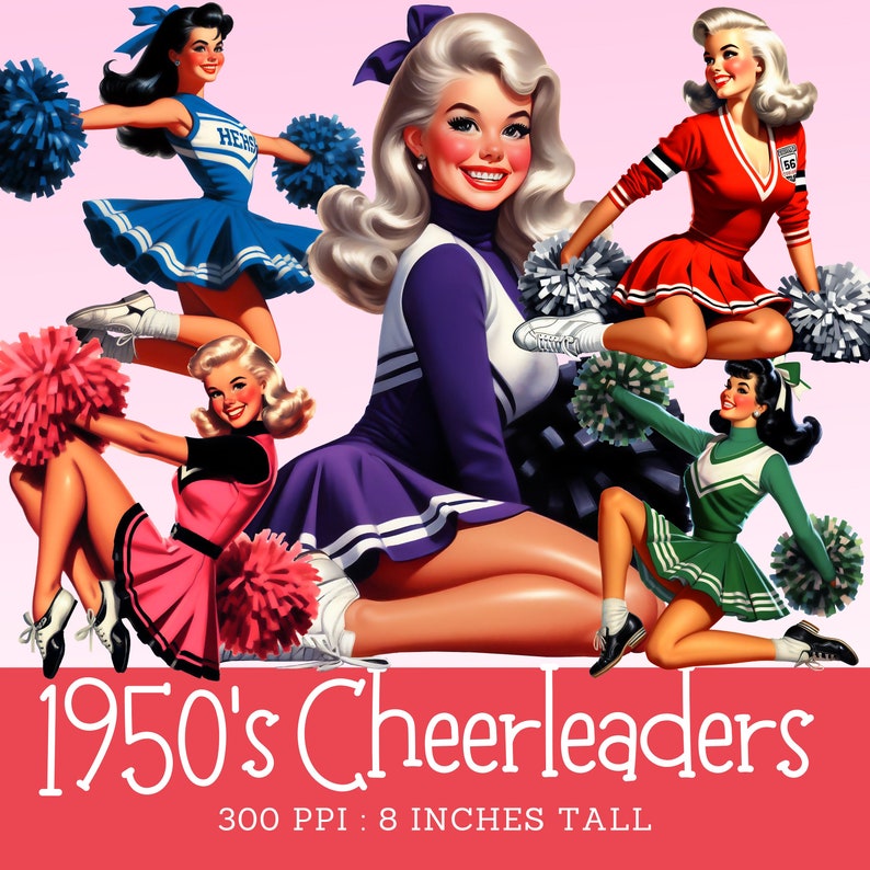 Retro Cheerleaders Clipart Bundle 1950s Cheerleaders Digital Image ...