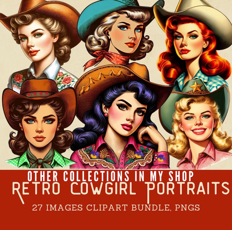 Vintage Cowgirls Clipart Bundle 1950s Women Cowgirl Fussy Cuts Western ...