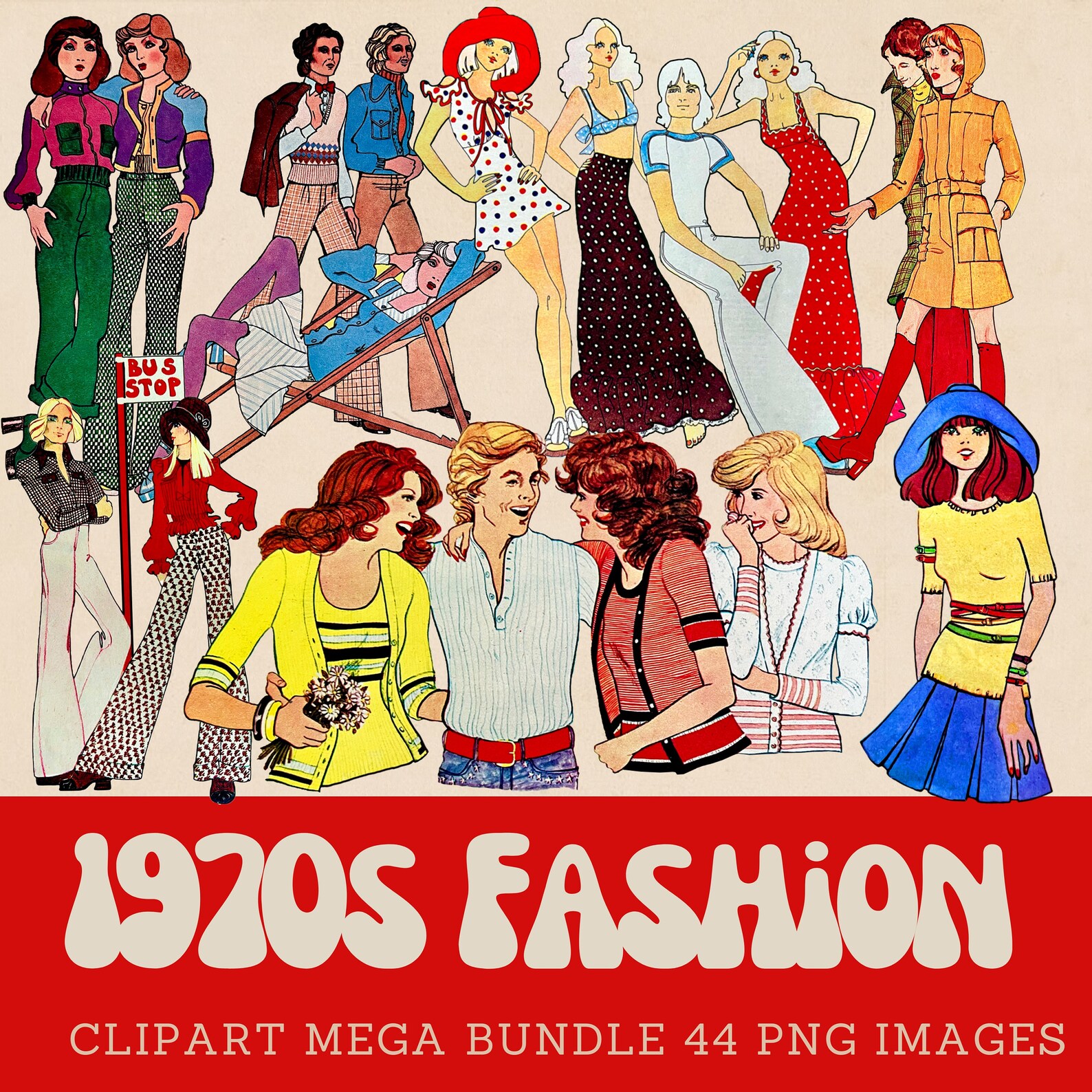 1970s Fashion Clipart Bundle Groovy 70s Teens 70s Vintage Clipart Mega ...