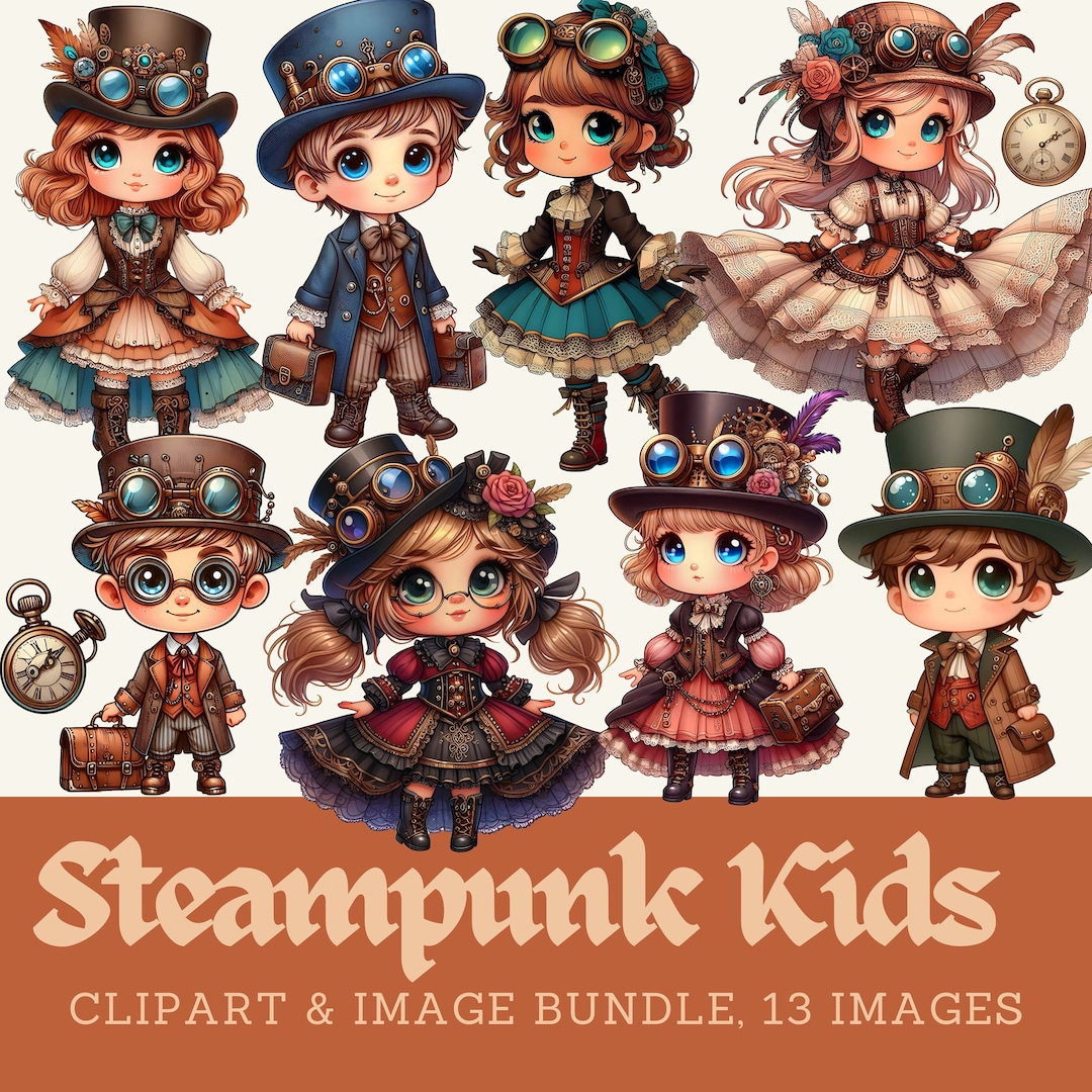 Steampunk Kids Clip Art Bundle Digital Download Cute Steampunk Girls ...