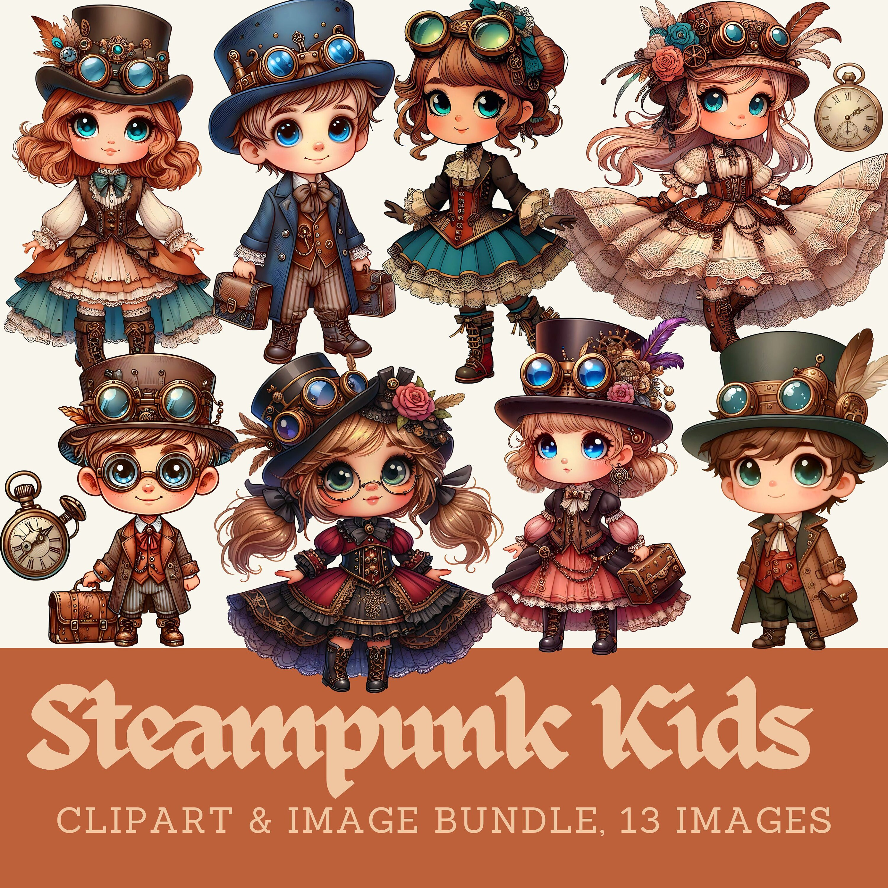Steampunk Kids Clip Art Bundle Digital Download Cute Steampunk Girls ...