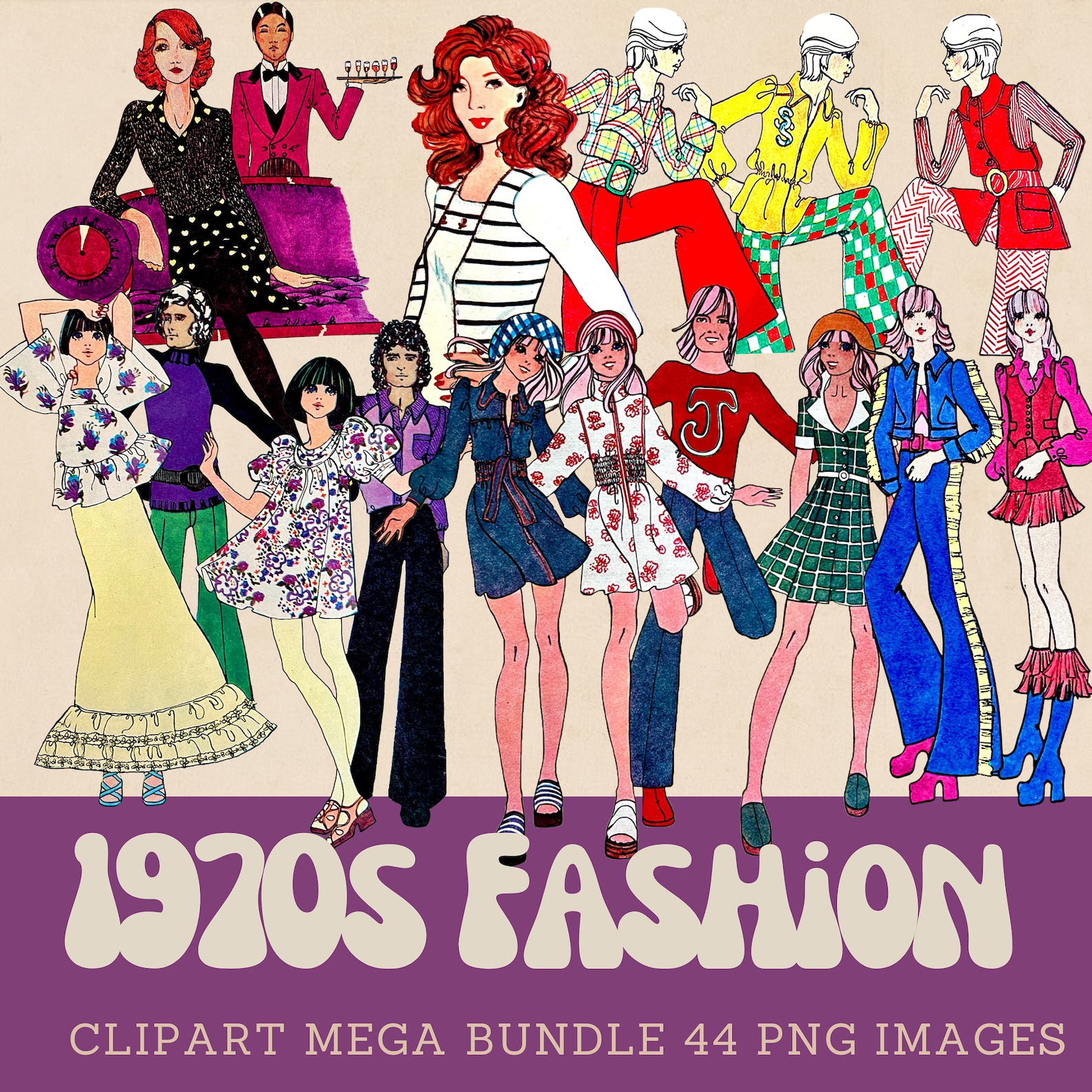 1970s Fashion Clipart Bundle Groovy 70s Teens 70s Vintage Clipart Mega ...