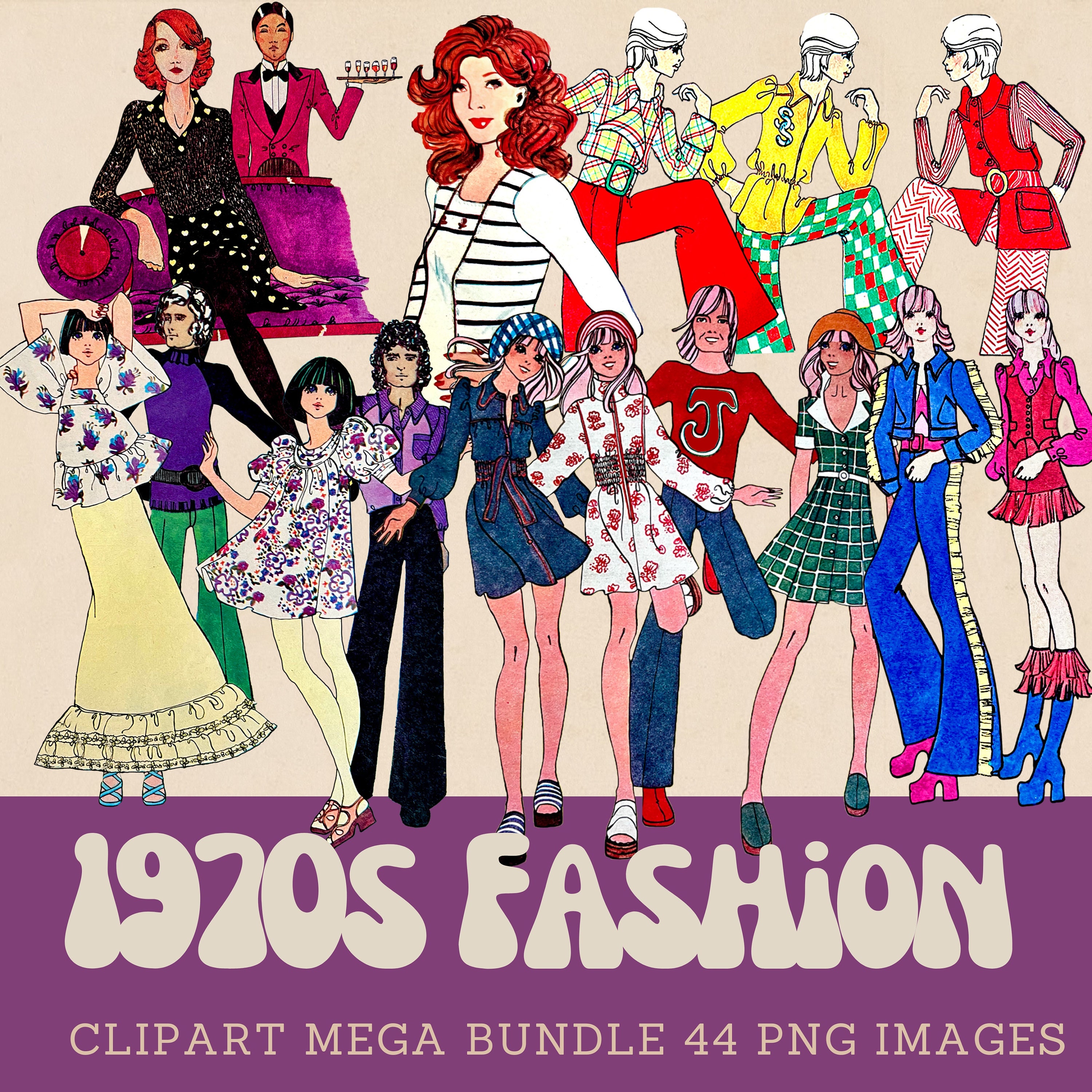 1970s Fashion Clipart Bundle Groovy 70s Teens 70s Vintage Clipart Mega ...