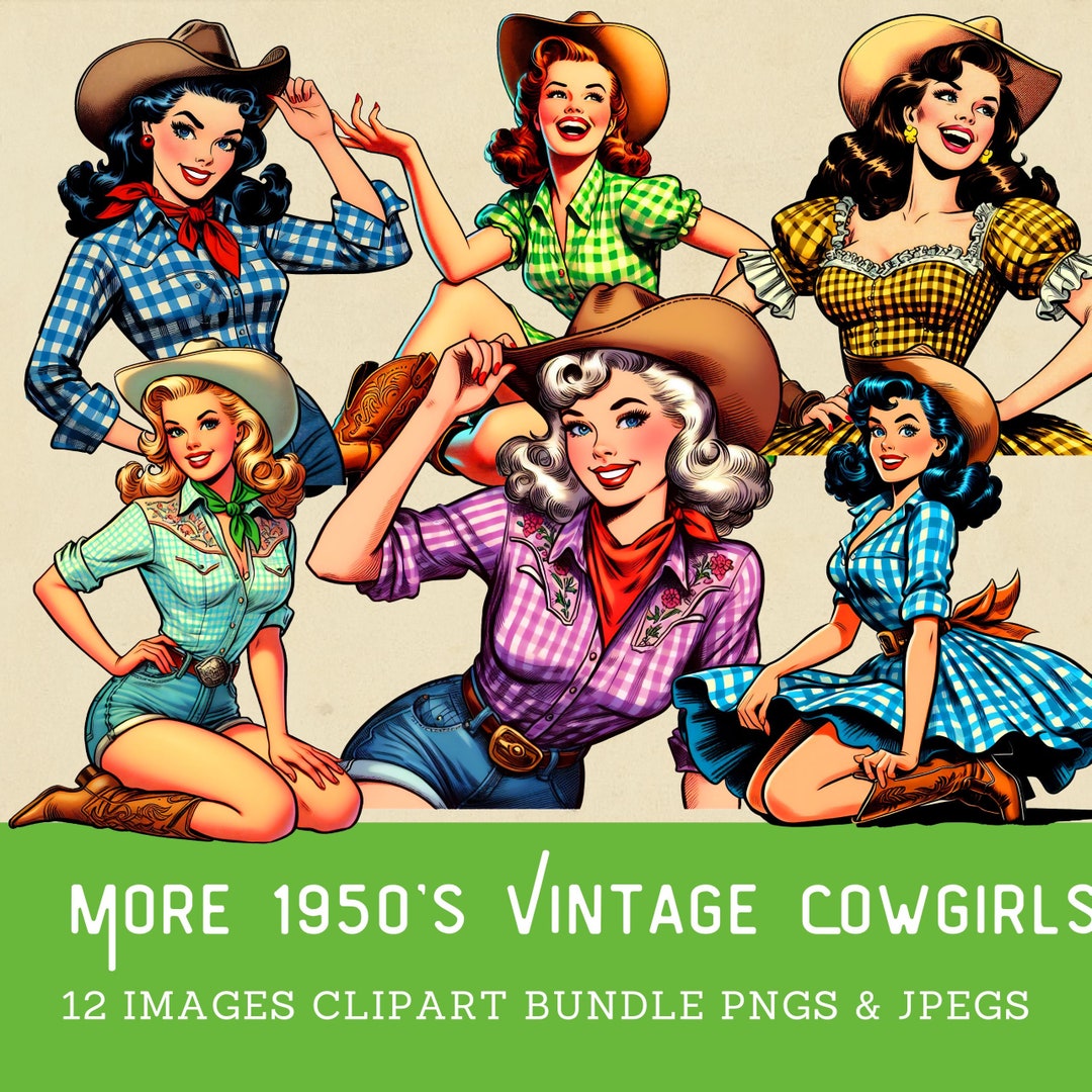 Vintage Cowgirls Clipart Bundle 1950s Women Cowgirl Fussy Cuts Western ...