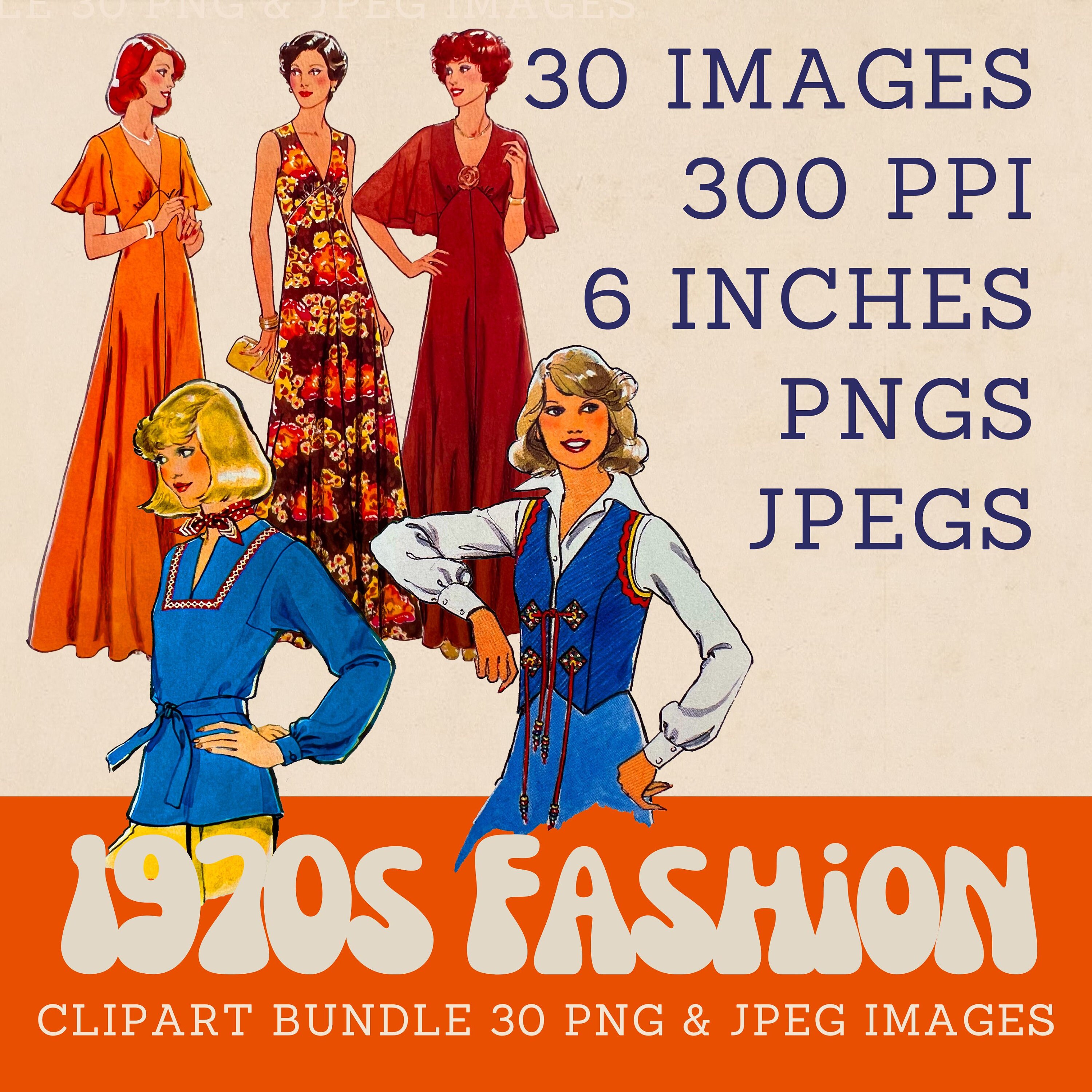 1970s Clipart Women's Fashion Clipart Bundle Groovy 70s Retro Fashion ...