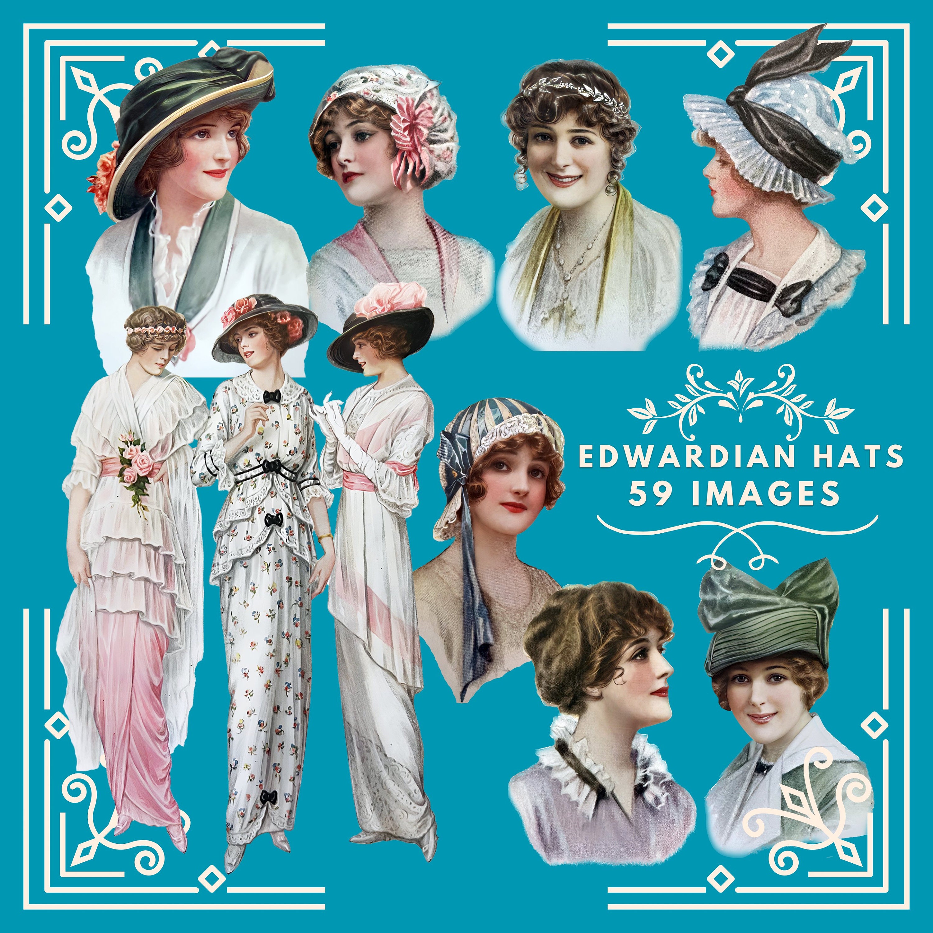 Vintage Hats Clip Art Bundle Edwardian Ladies Hats Clipart Bundle