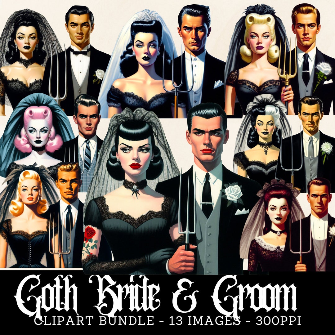 Gothic Bride and Groom Clipart Bundle Retro Goth Wedding Clip Art Goth ...