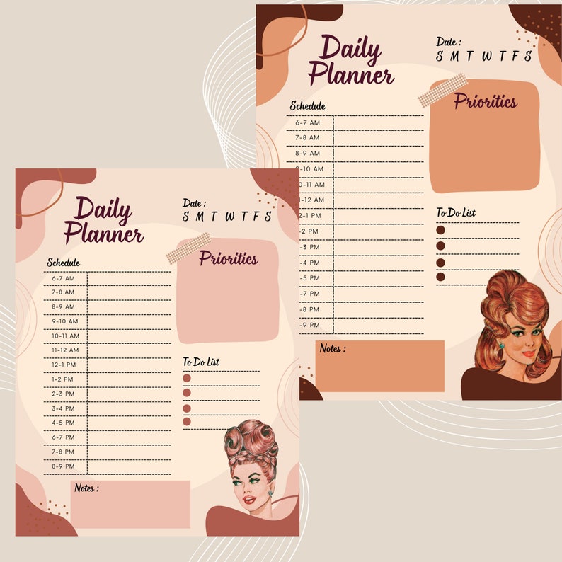 Retro Daily Planner 14 Pages 1960s Style Retro to Do List Retro Hair ...