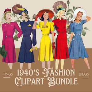 1940s Fashion Clipart Bundle: Vintage Ladies PNG Images (digital ...