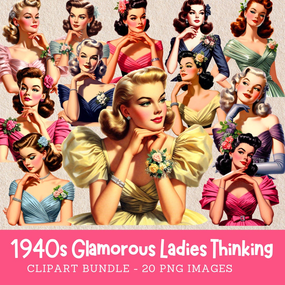1940s Glamorous Ladies Thinking Clipart Bundle 1940s Women Fussy Cuts ...