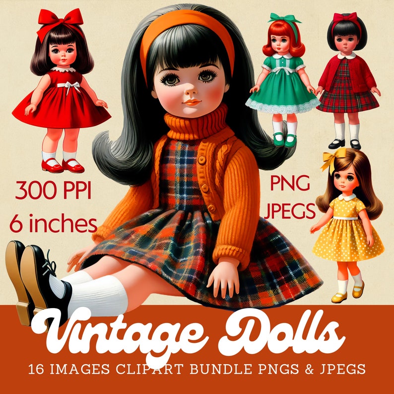 Vintage Dolls Clipart Bundle 1960s Retro Doll Digital Images Commercial ...