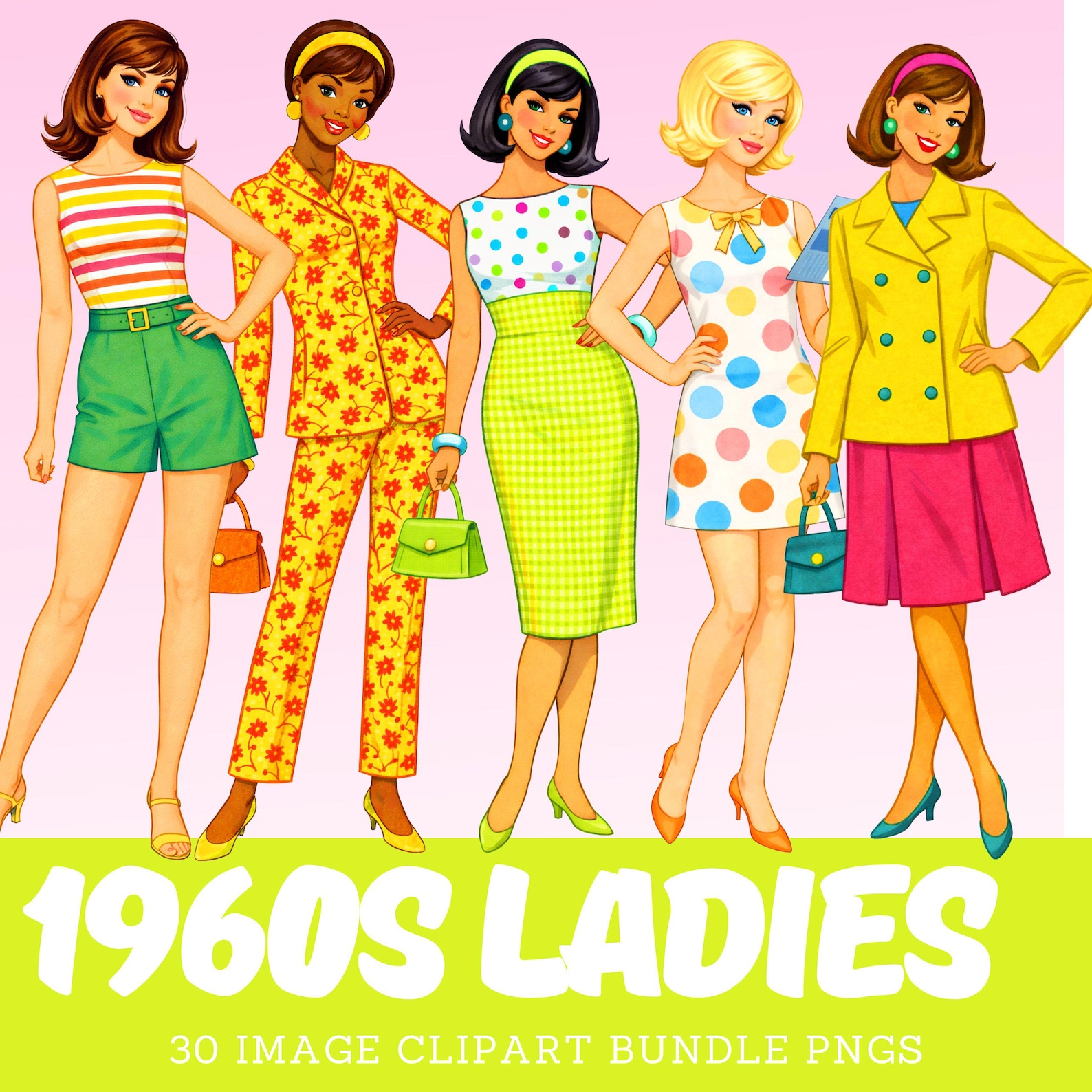 1960s Women Fashion Clipart Bundle: Midcentury Go-go Girls (digital ...