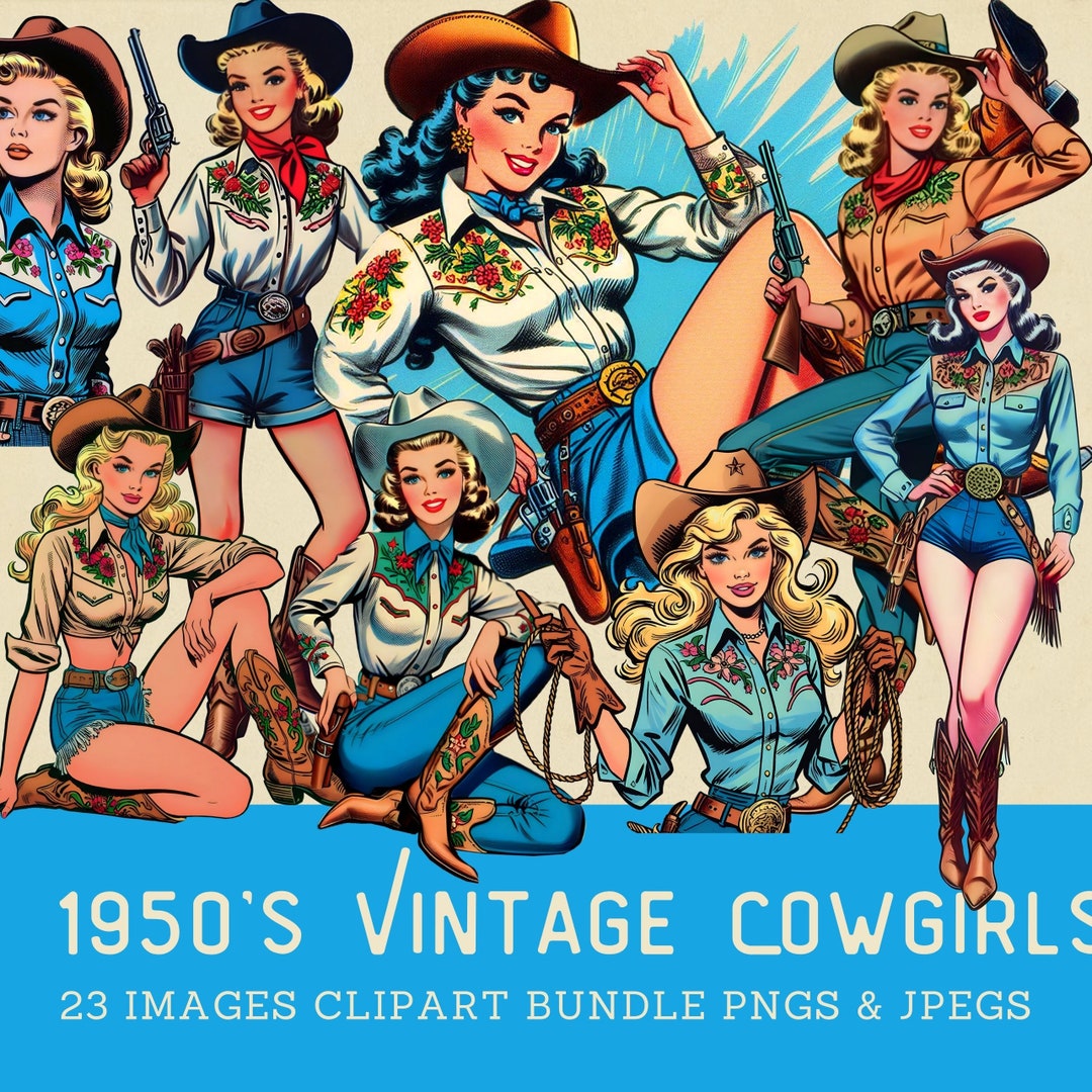 Vintage Cowgirls Clipart Bundle 1950s Women Cowgirl Fussy Cuts Western