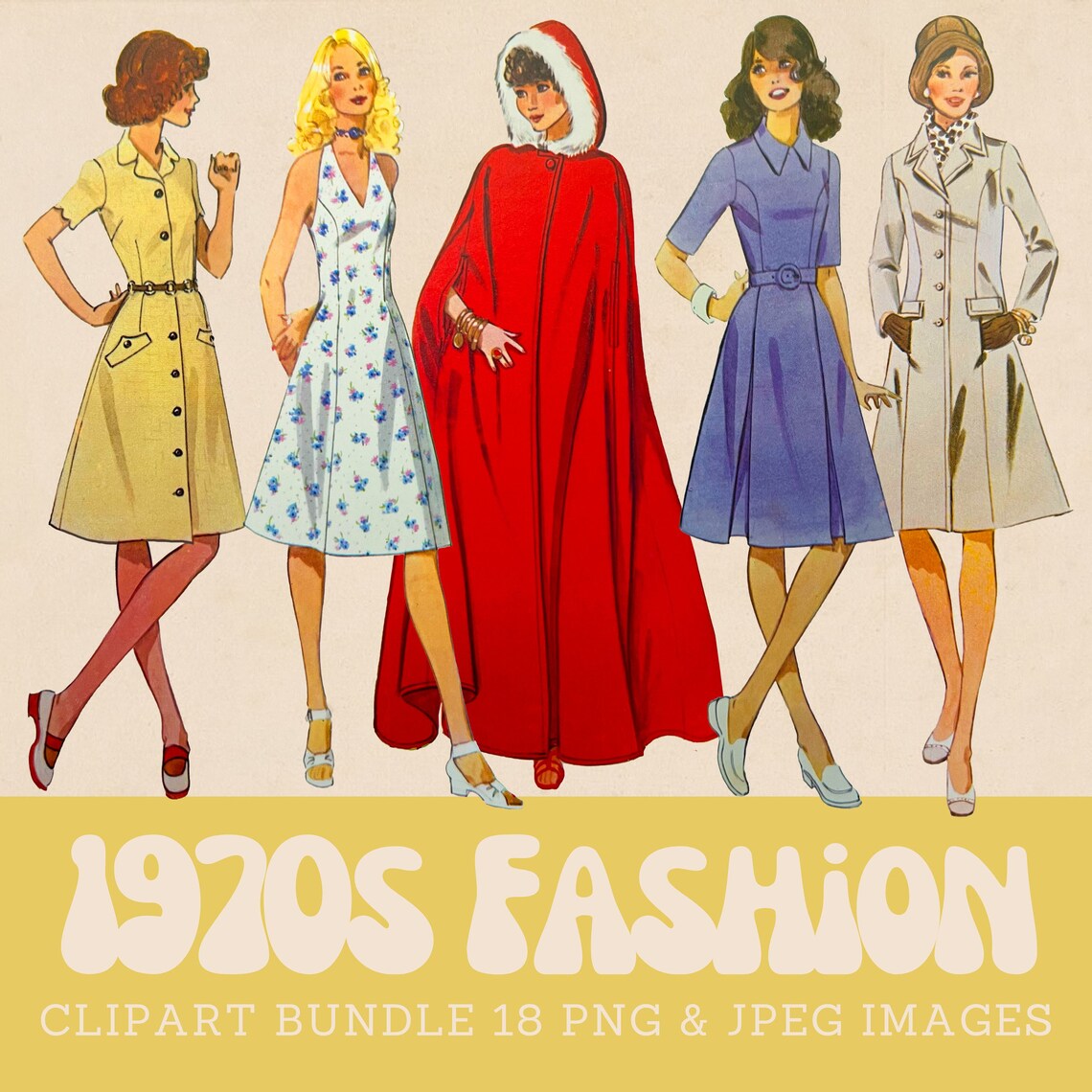 1970s Clipart Women's Fashion Clipart Bundle Groovy 70s Retro Fashion ...