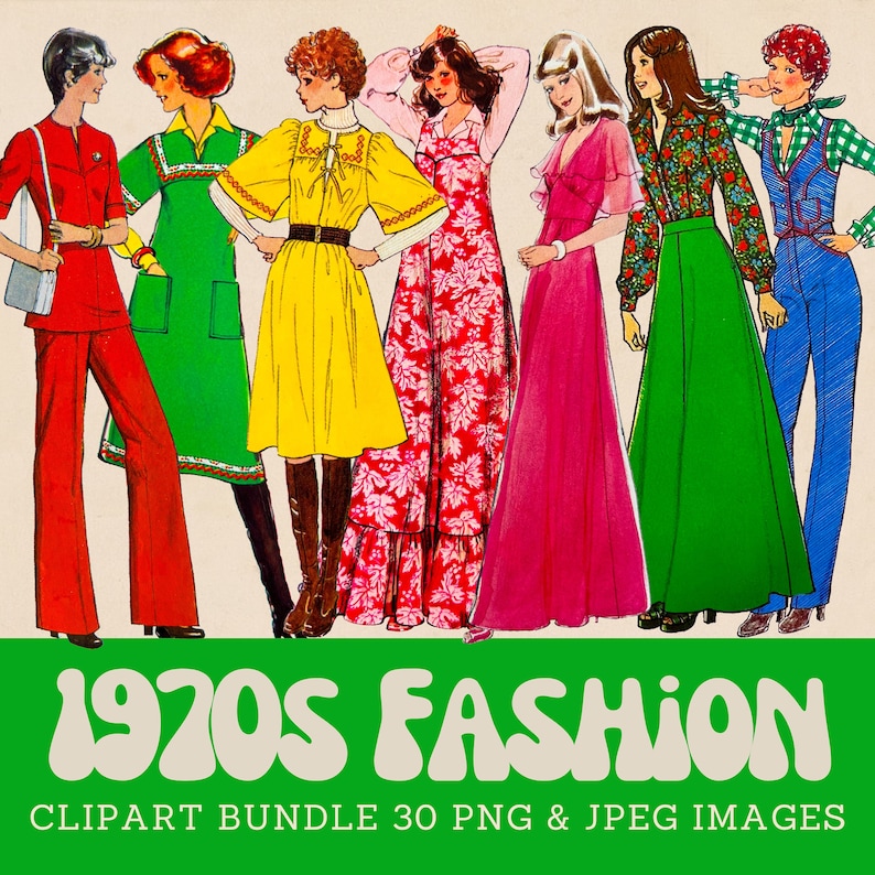 1970s Clipart Women's Fashion Clipart Bundle Groovy 70s Retro Fashion ...
