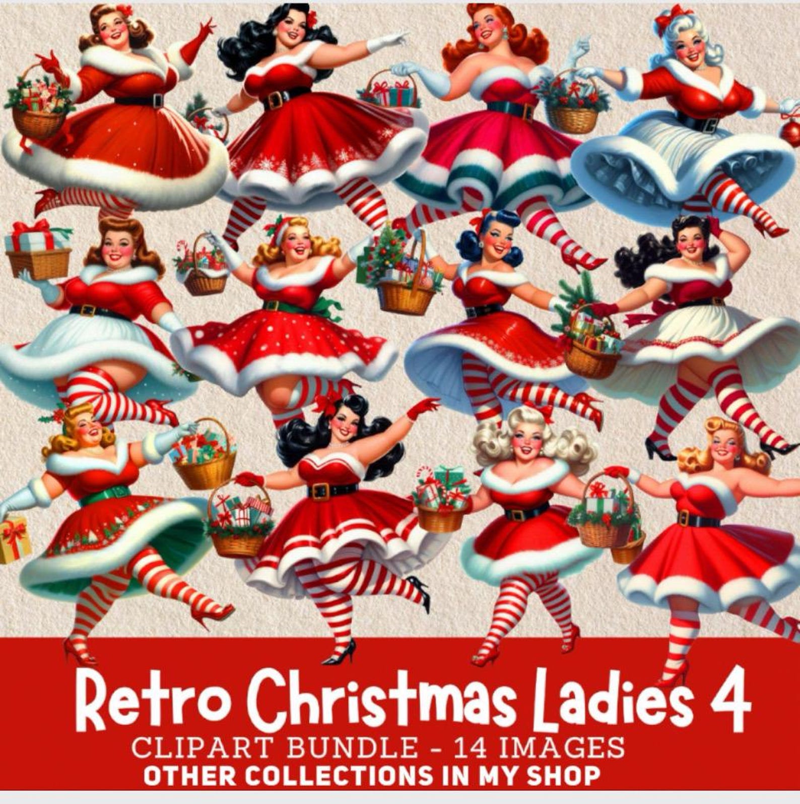 Retro Christmas Ladies Clipart Bundle Vintage 1960s Women Christmas ...