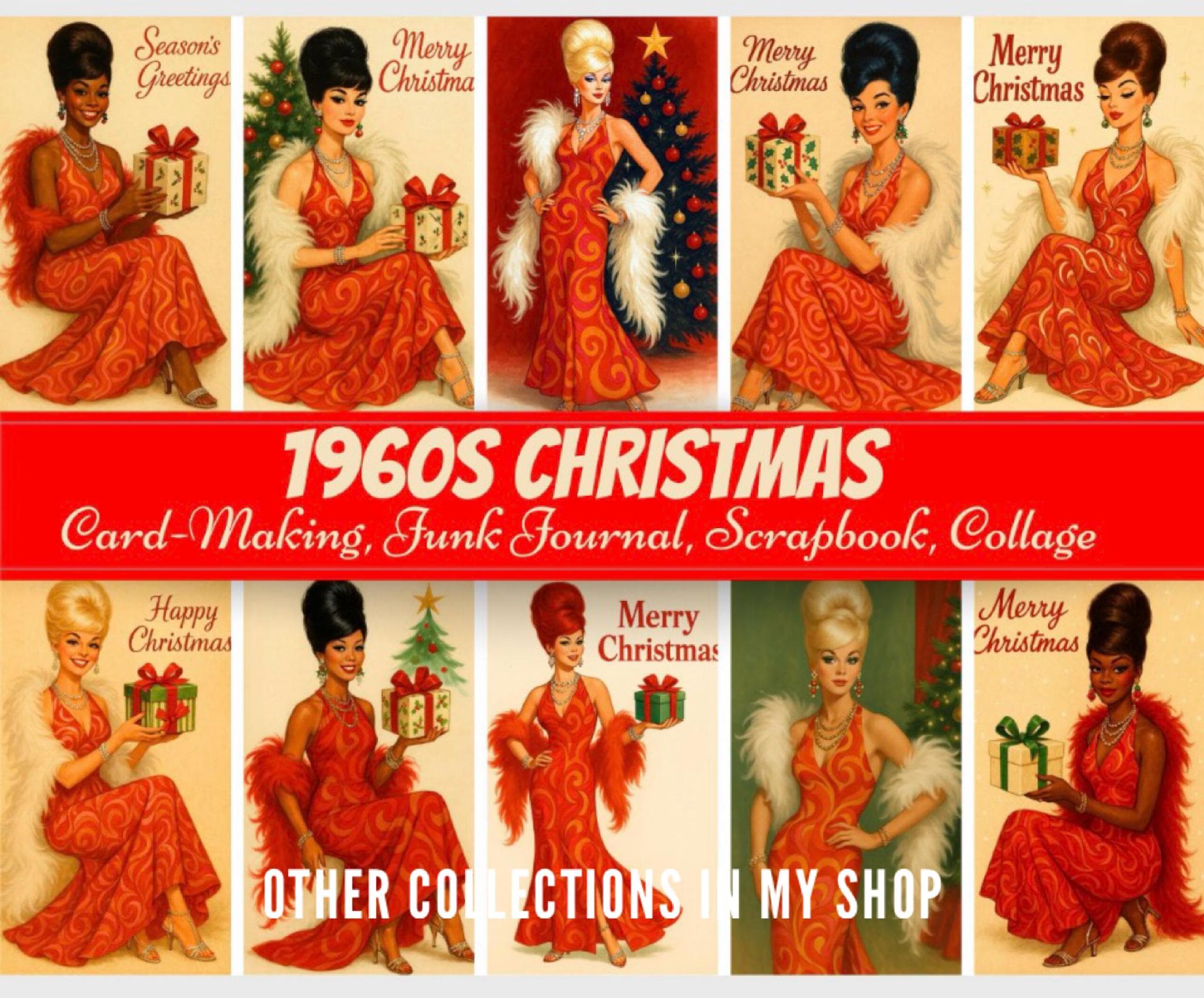 Retro Christmas Ladies Clipart Bundle Vintage 1960s Women Christmas ...