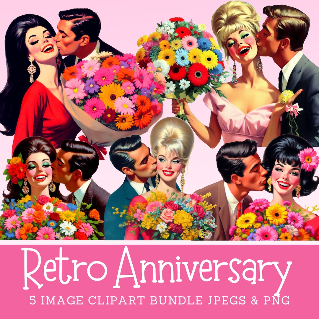 Retro Anniversary Clipart Bundle Retro Engagement Clip Art 1960s Retro ...