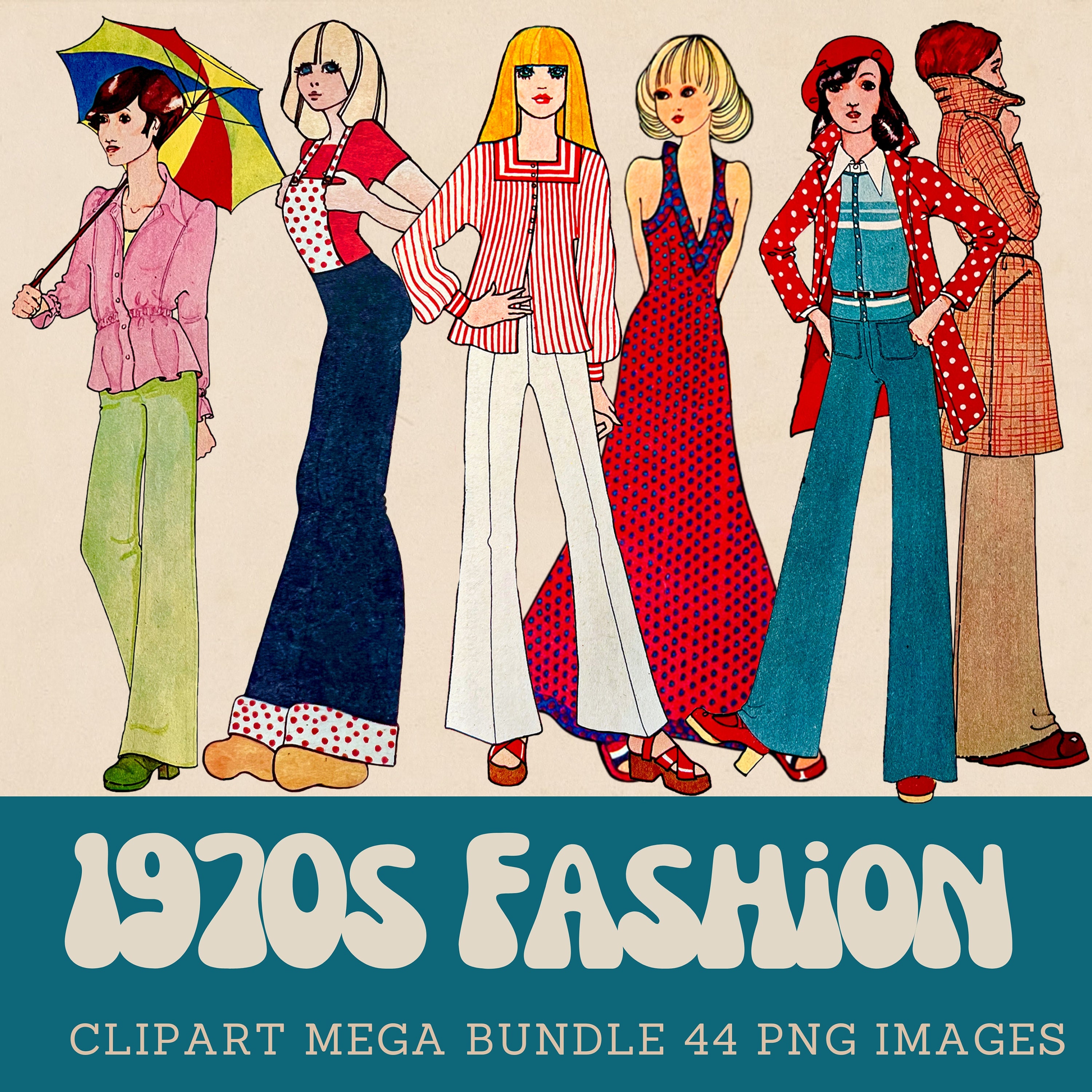 1970s Fashion Clipart Bundle Groovy 70s Teens 70s Vintage Clipart Mega ...