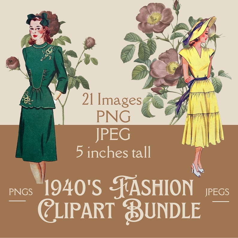 1940s Fashion Clipart Bundle: Vintage Ladies PNG Images (digital ...