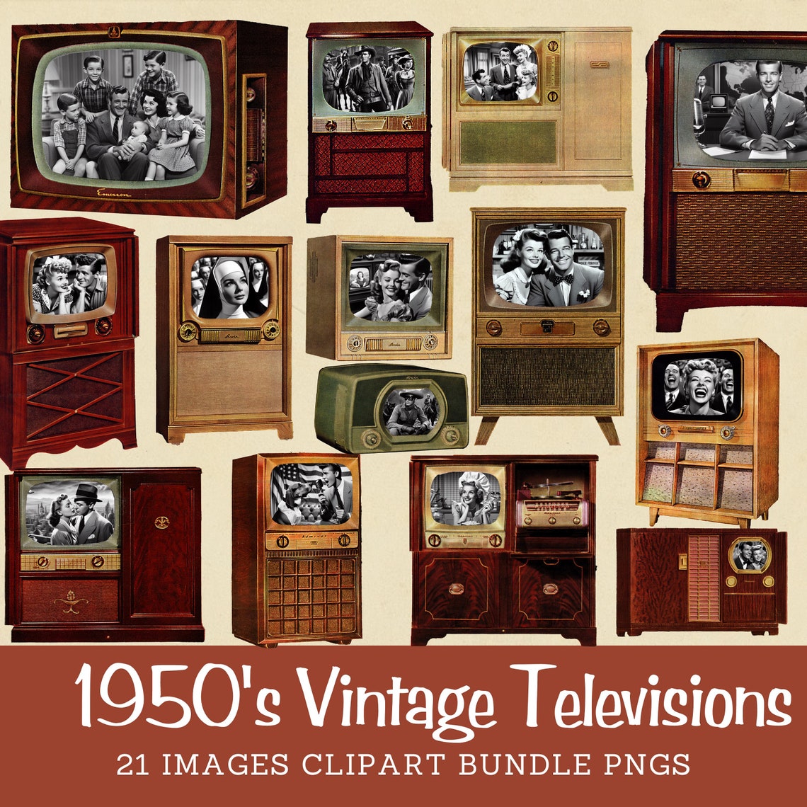Vintage Television Clipart Bundle 1950s TV Digital Images Retro Television Clip Art Digital ...