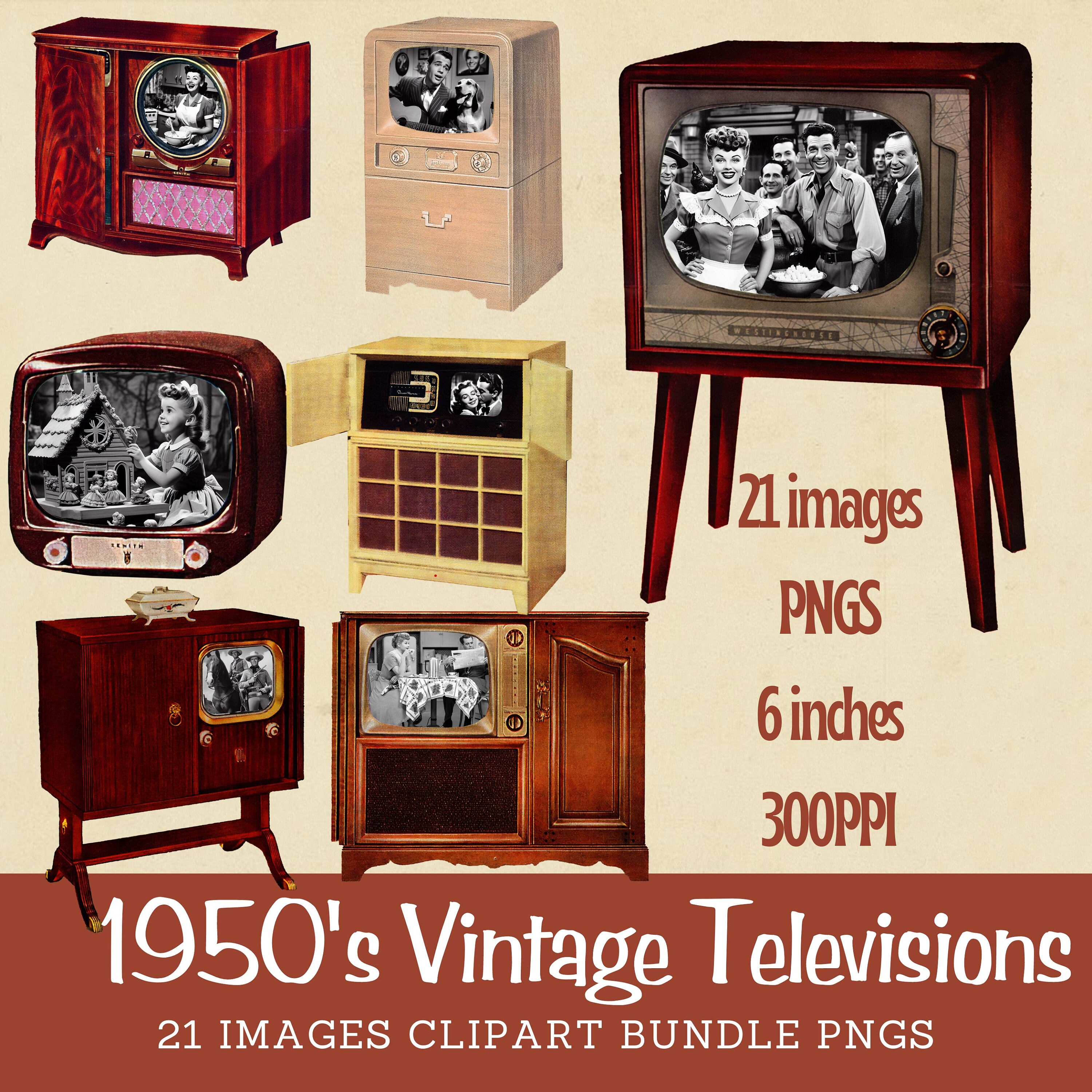 Vintage Television Clipart Bundle 1950s TV Digital Images Retro Television Clip Art Digital ...
