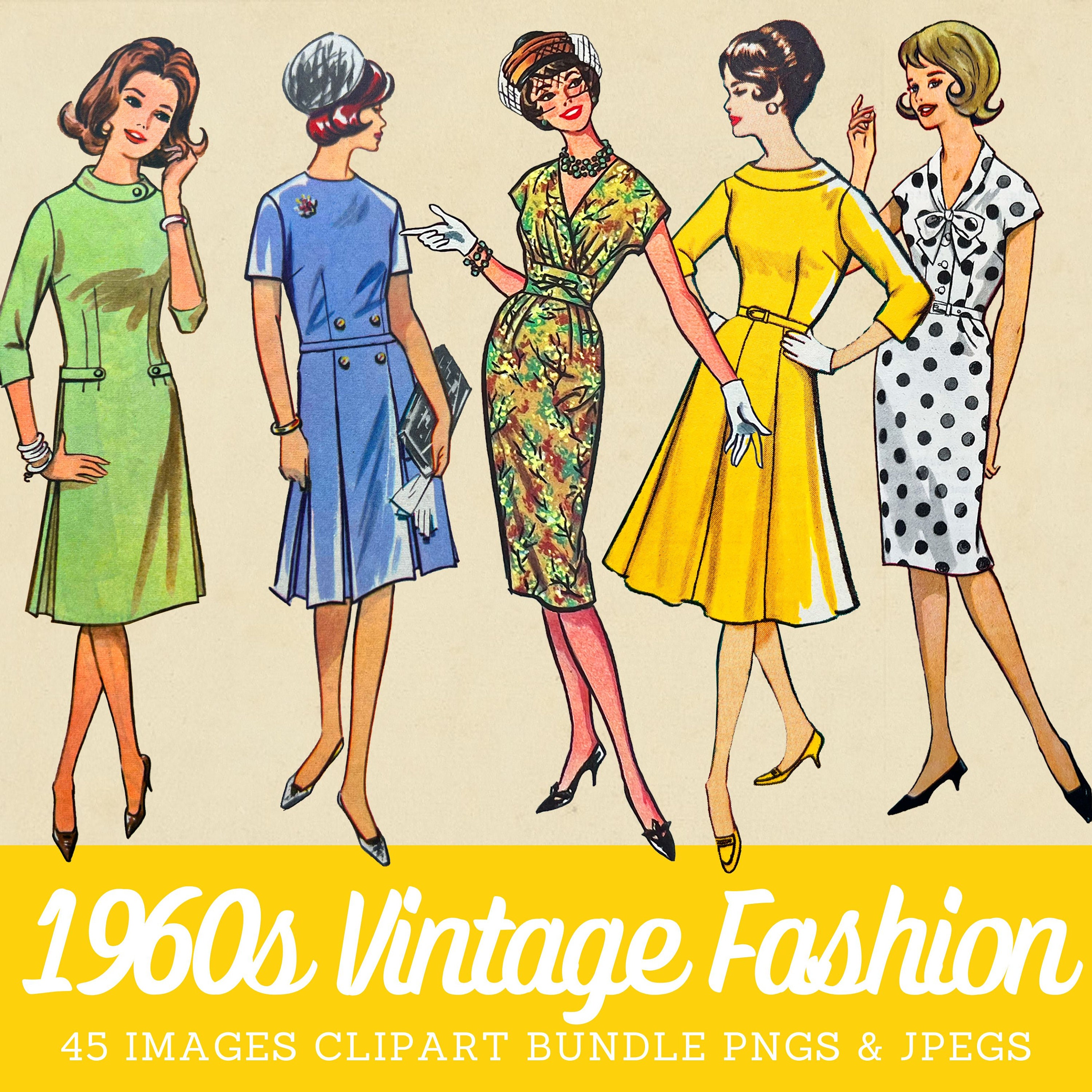 1960s Fashion Clipart Bundle, Midcentury Women's Fashion, 1960s Vintage ...