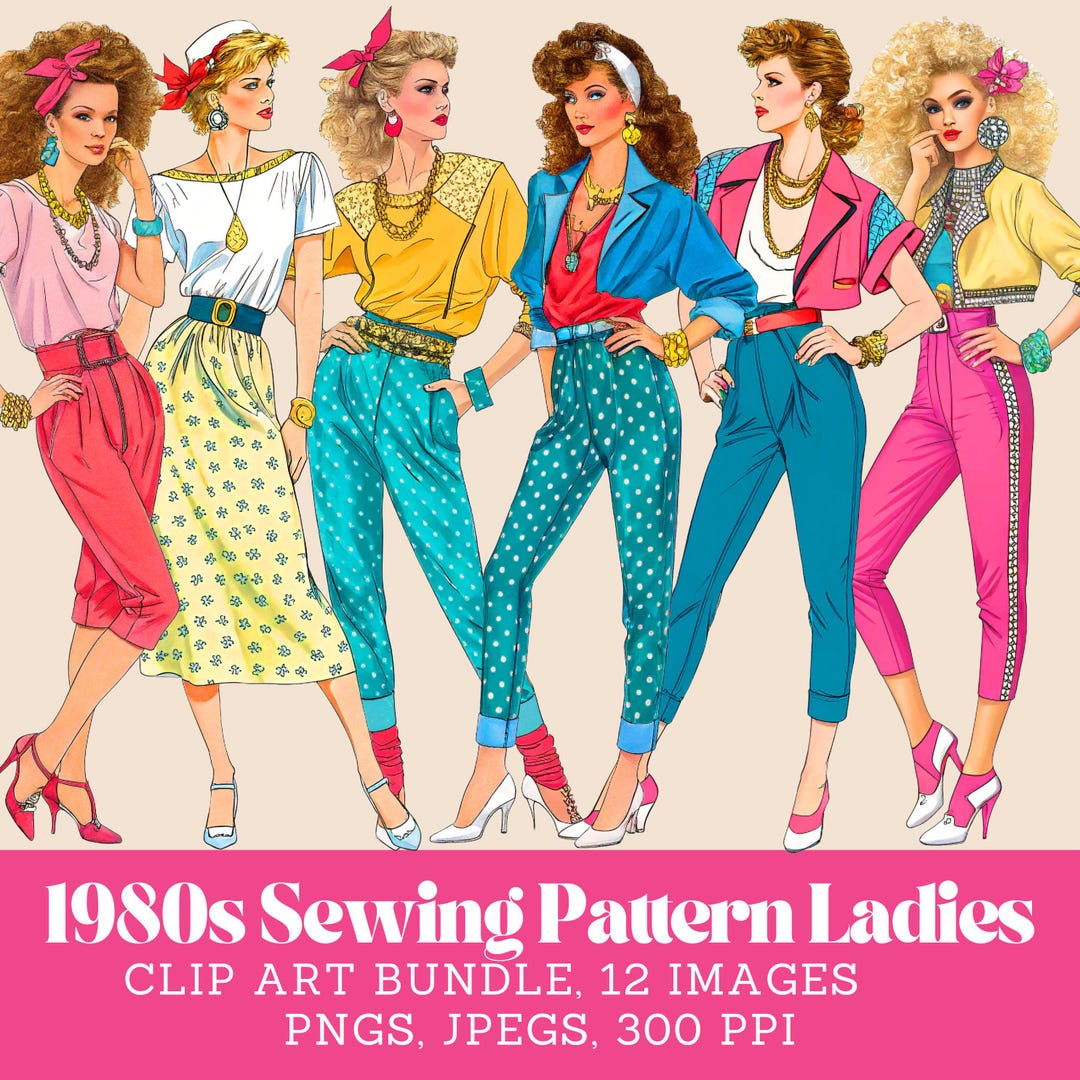 1980s Fashion Clipart Bundle: Retro Sewing Pattern Graphics (PNG, JPEG ...