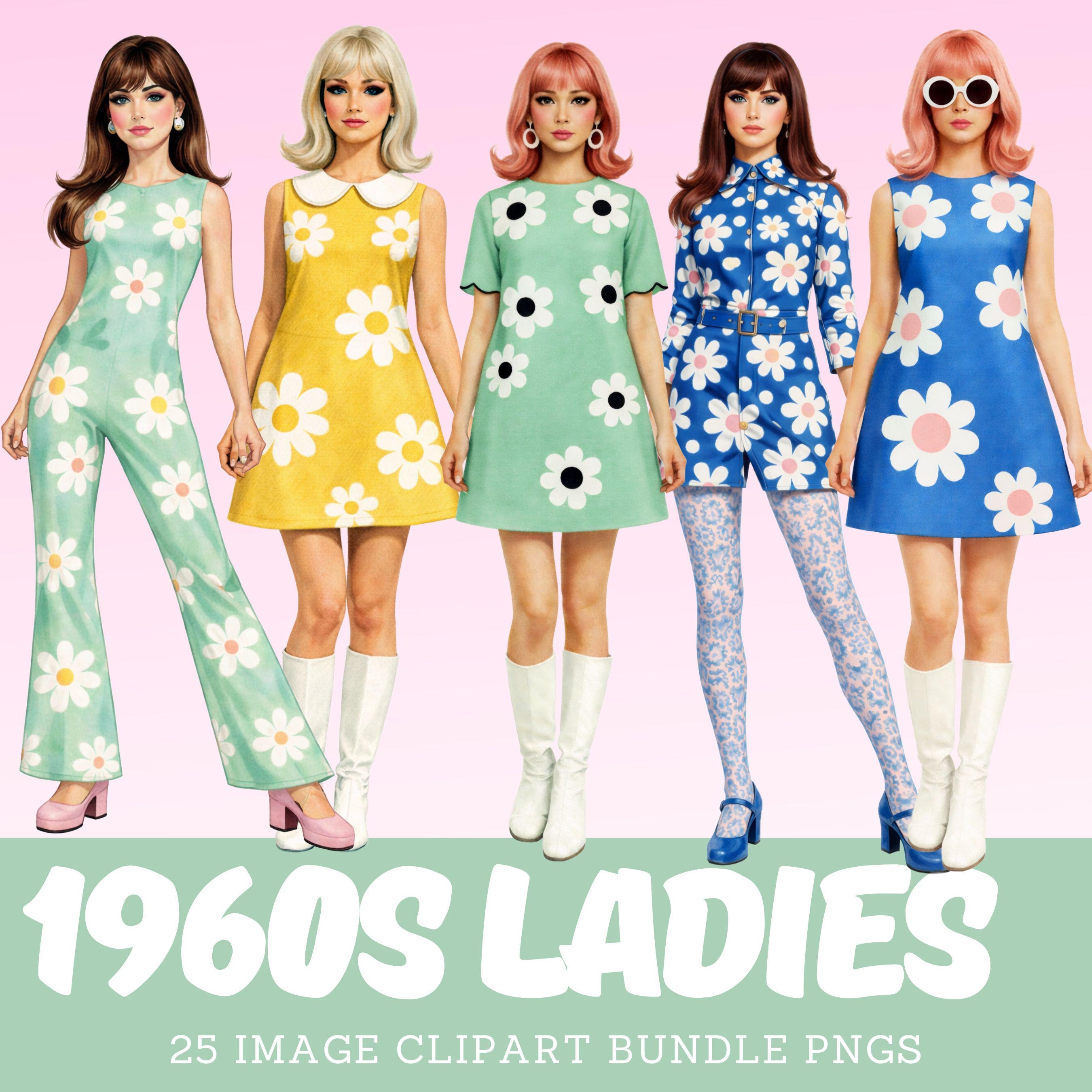 1960s Fashion Clipart Bundle – Retro Daisy Flower Power Women PNG ...