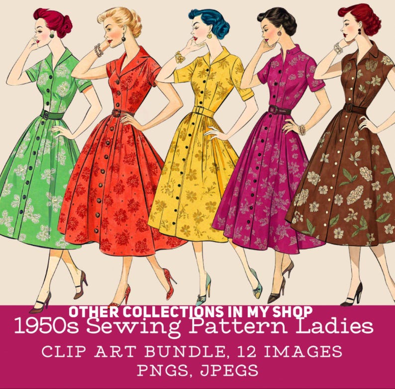 1950s Fashion Clipart: Mid-century Ladies PNG Images (digital Download ...