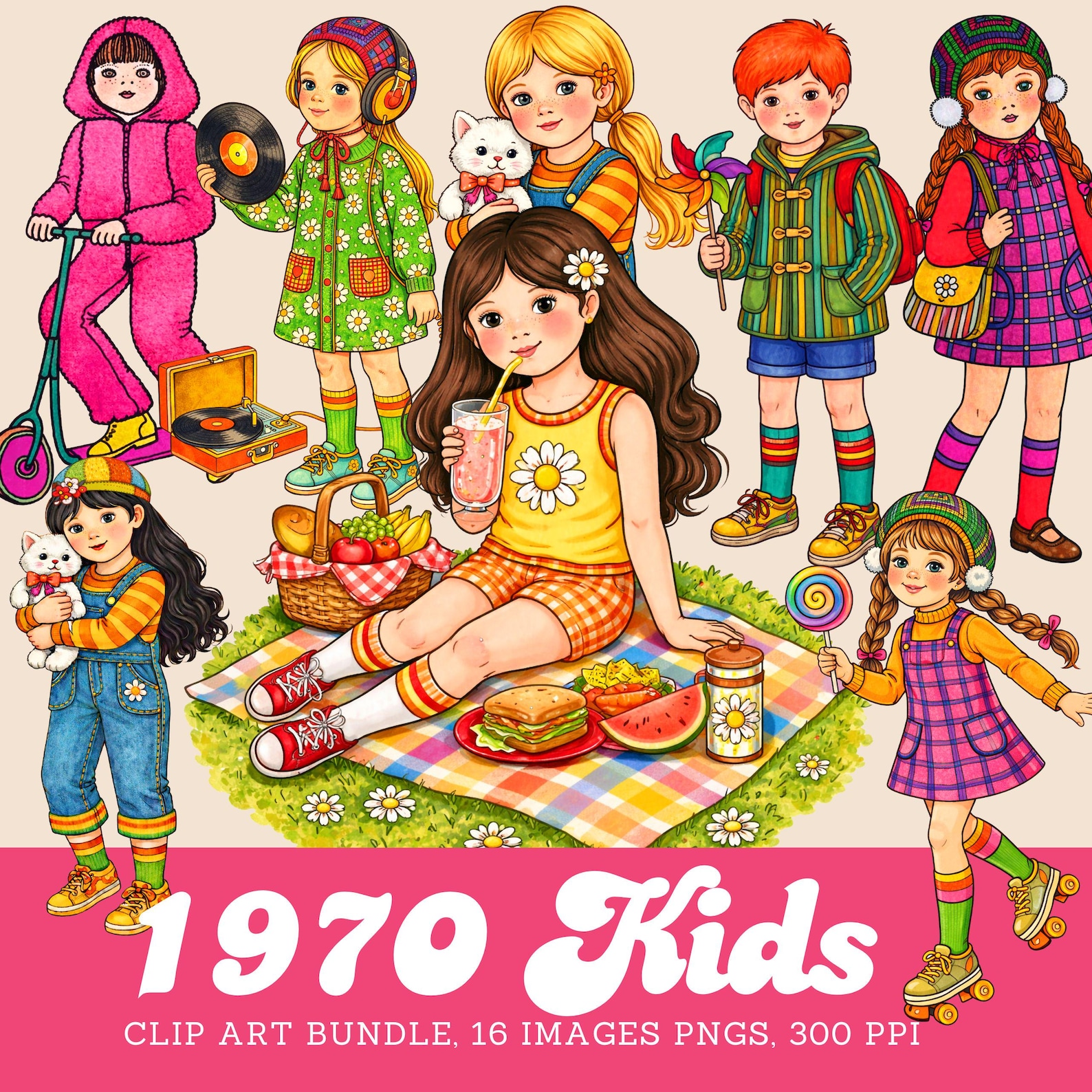 1970s Kids Clipart Bundle: Vintage Children in 1970s Fashion PNG ...