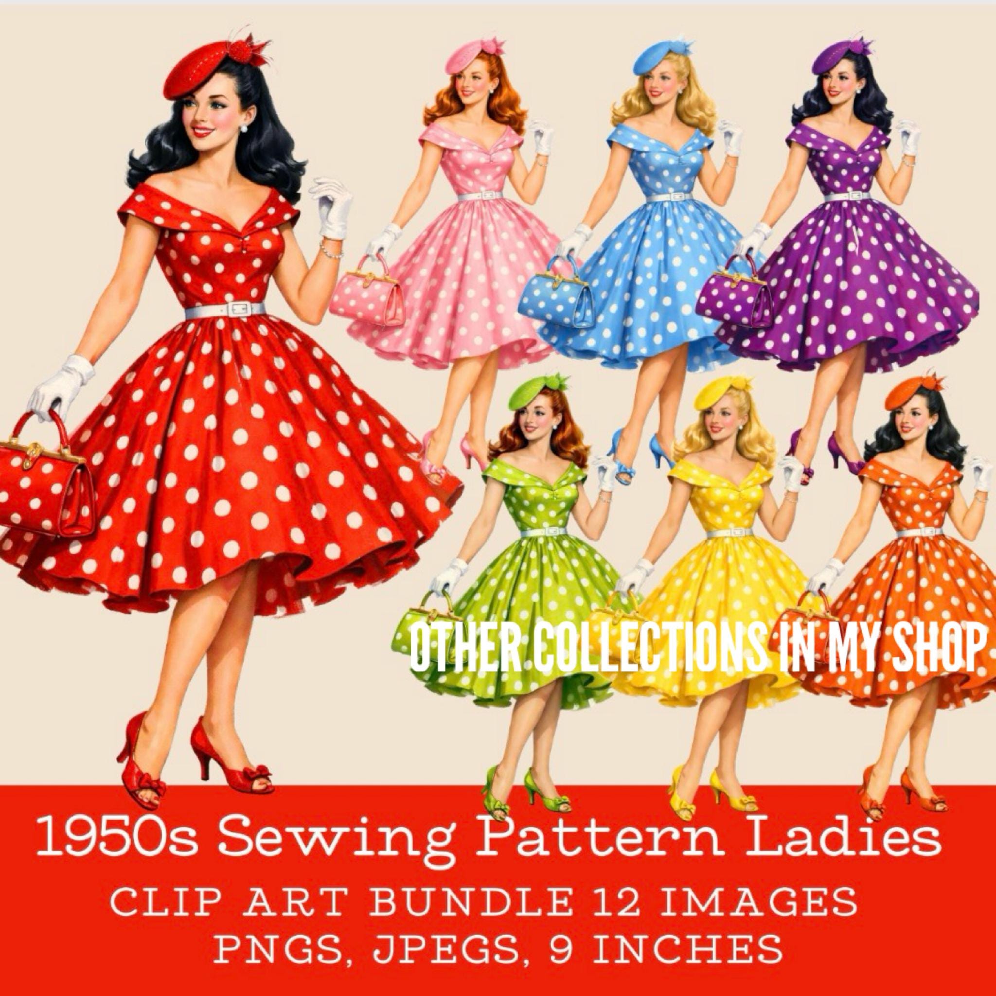 1950s Women Clipart Bundle Midcentury Girls Png Vintage Ladies Heads ...