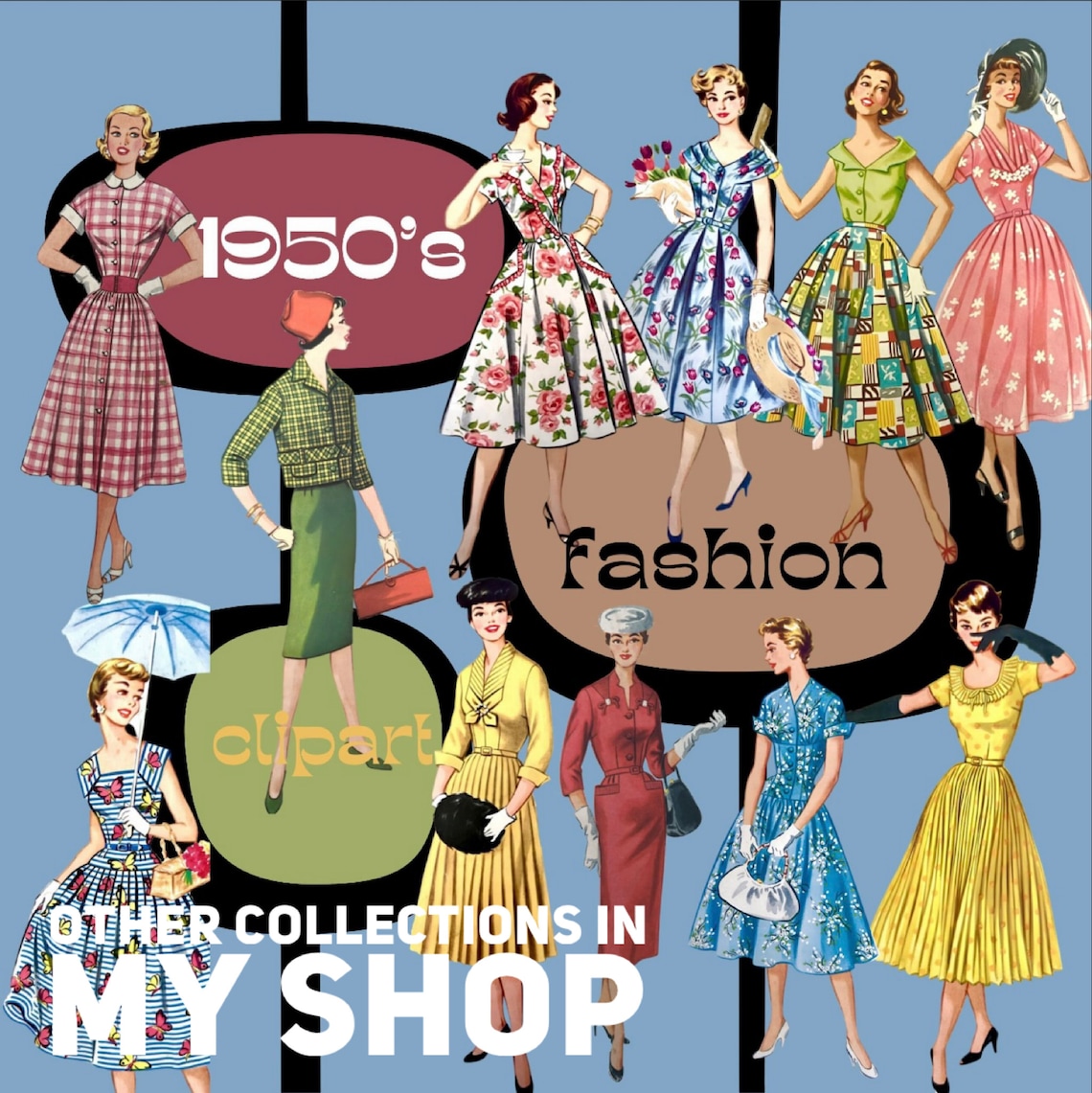 1950s Girls Fashion Clipart Bundle Midcentury PNGS Fussy Cut Fashion ...