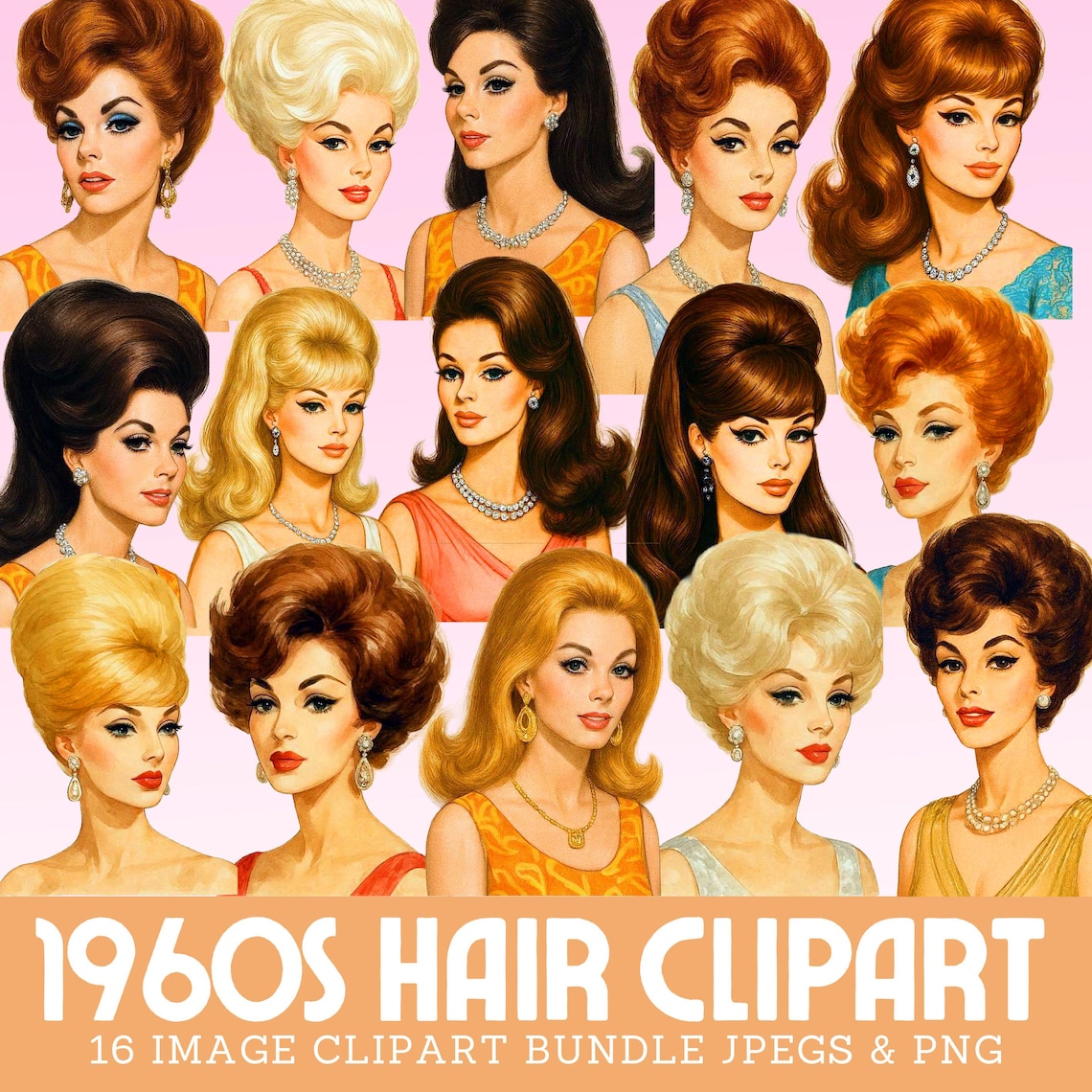 Retro 1960s Hairdo Clipart Bundle: Fashion Wigs, Styles (digital Images ...