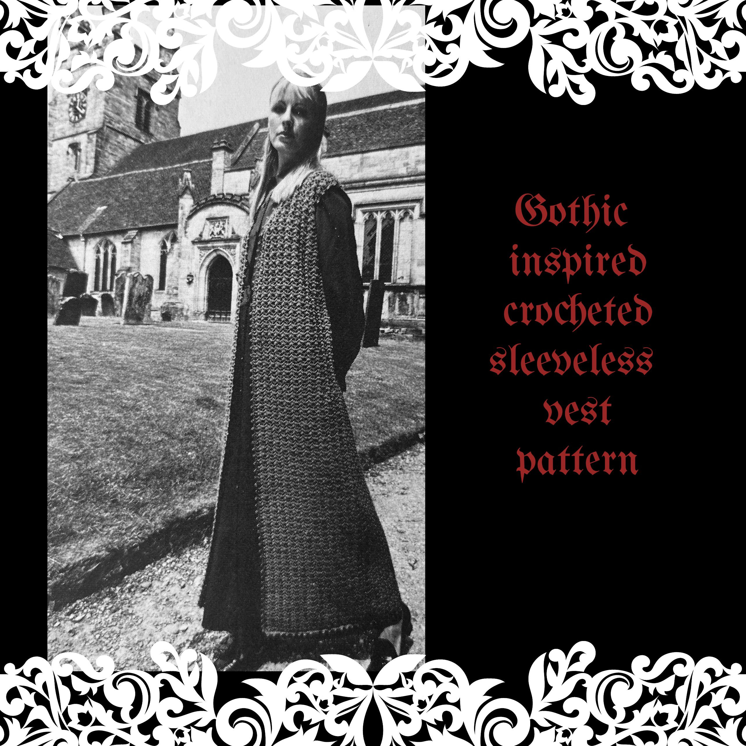 1970s Gothic Style Crochet Maxi Sleeveless Cardigan Pattern Goth Vest ...