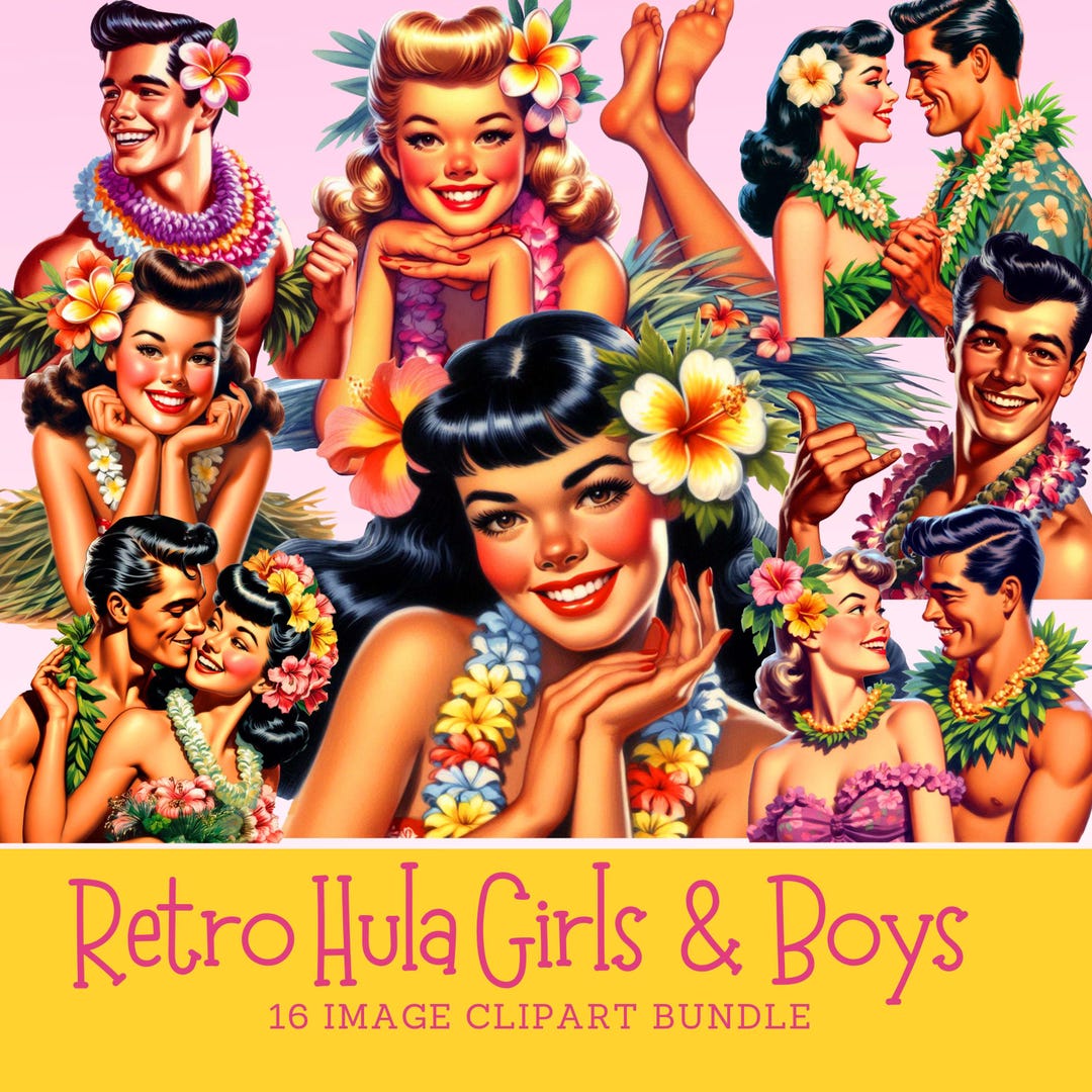 Retro Hula Girls and Hula Kane Clipart Bundle Vintage Hula Dancer ...