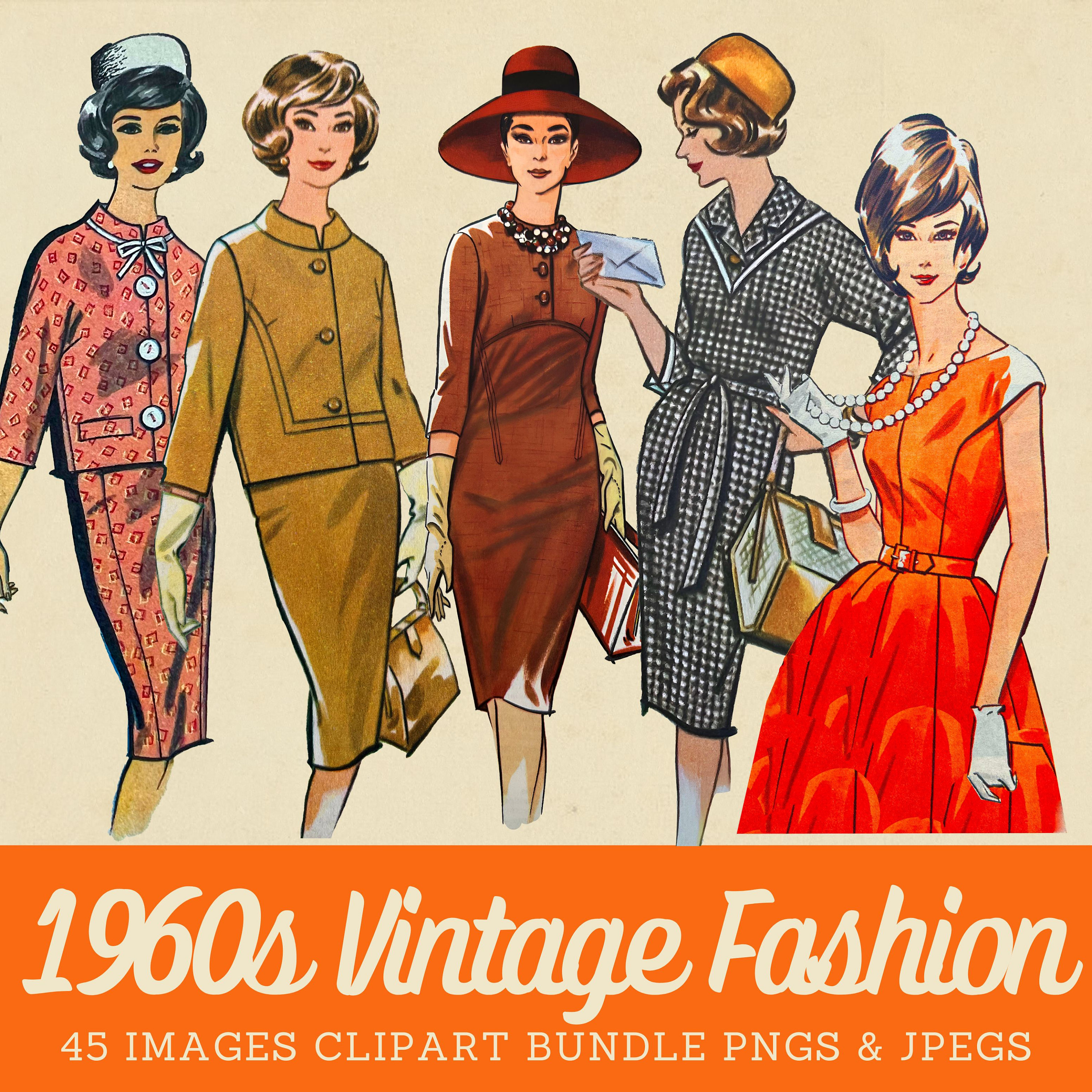 1960s Fashion Clipart Bundle, Midcentury Women's Fashion, 1960s Vintage ...