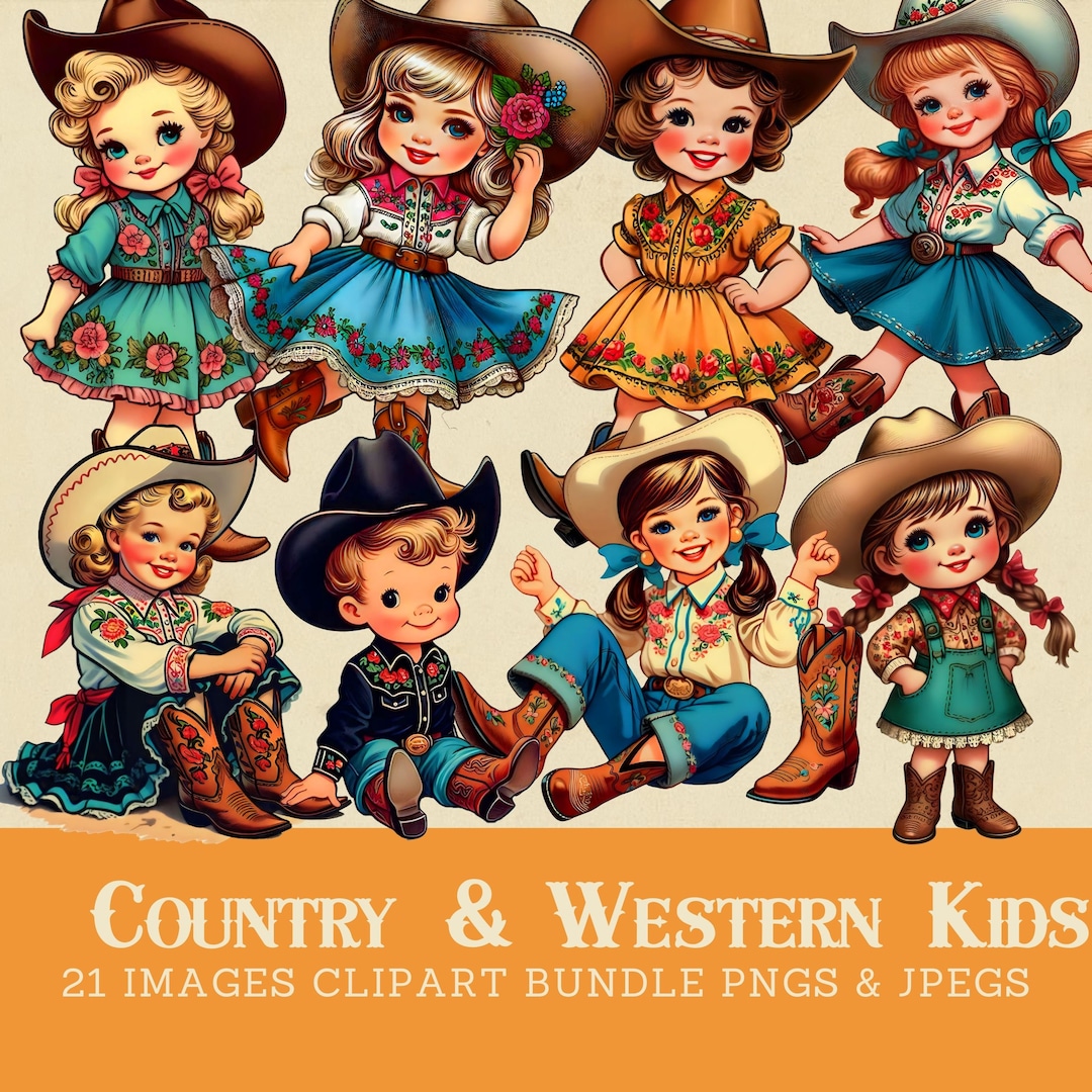Country Western Kids Clipart Bundle, Cowgirls & Cowboys (digital ...