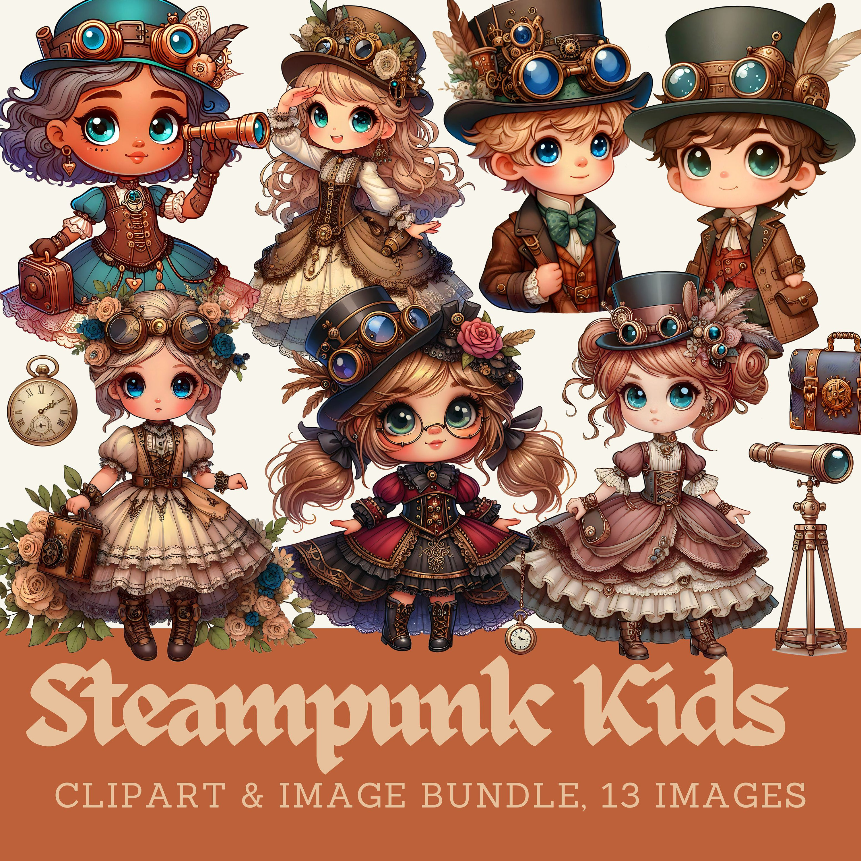 Steampunk Kids Clip Art Bundle Digital Download Cute Steampunk Girls ...