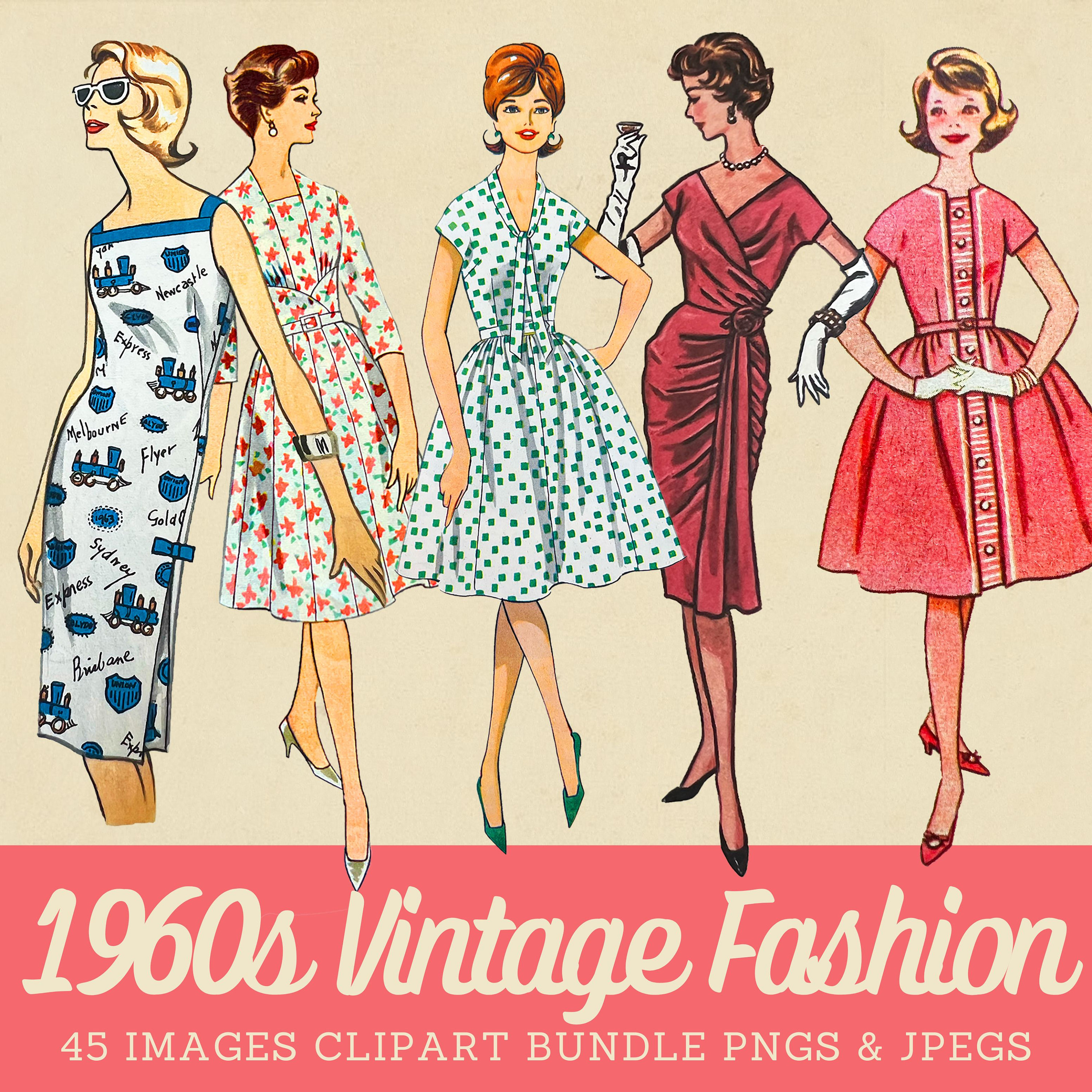 1960s Fashion Clipart Bundle, Midcentury Women's Fashion, 1960s Vintage ...
