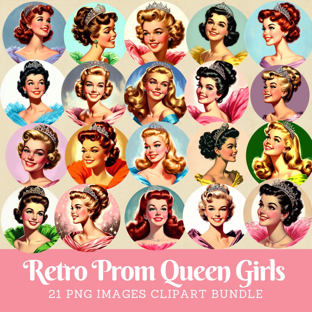 Retro Prom Queen Clipart Bundle Vintage 1950s Princess Digital Image ...