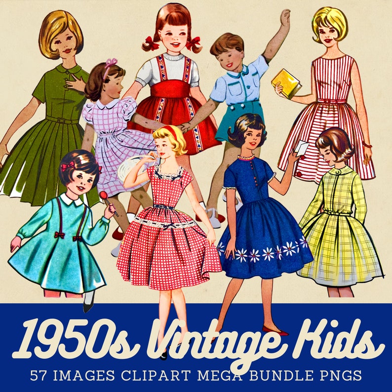 1950s Clipart Vintage Kids PNG Midcentury Fashion Clipart Bundle 1950s ...