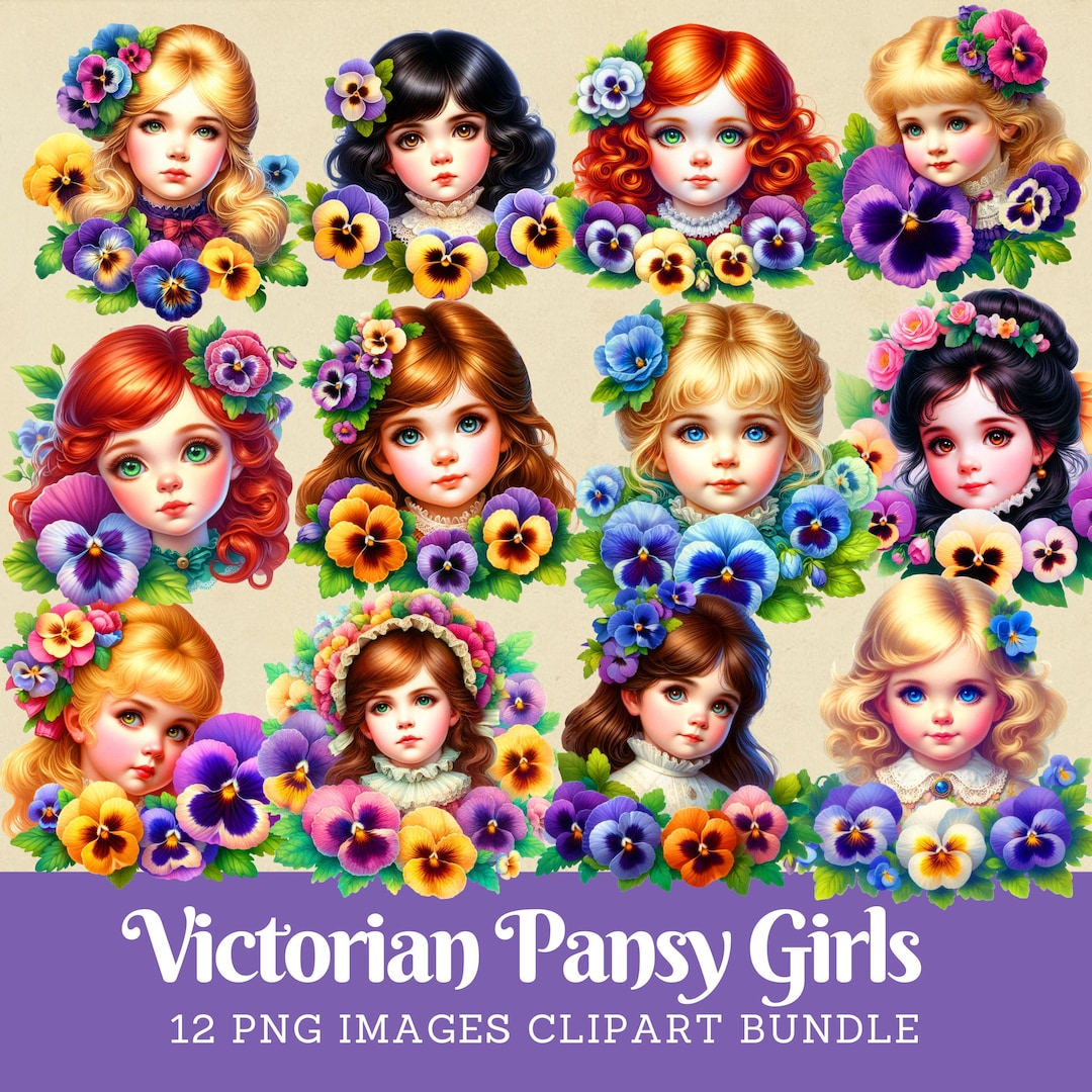 Victorian Girls and Pansy Flowers Clipart Bundle Victorian Pansies and ...