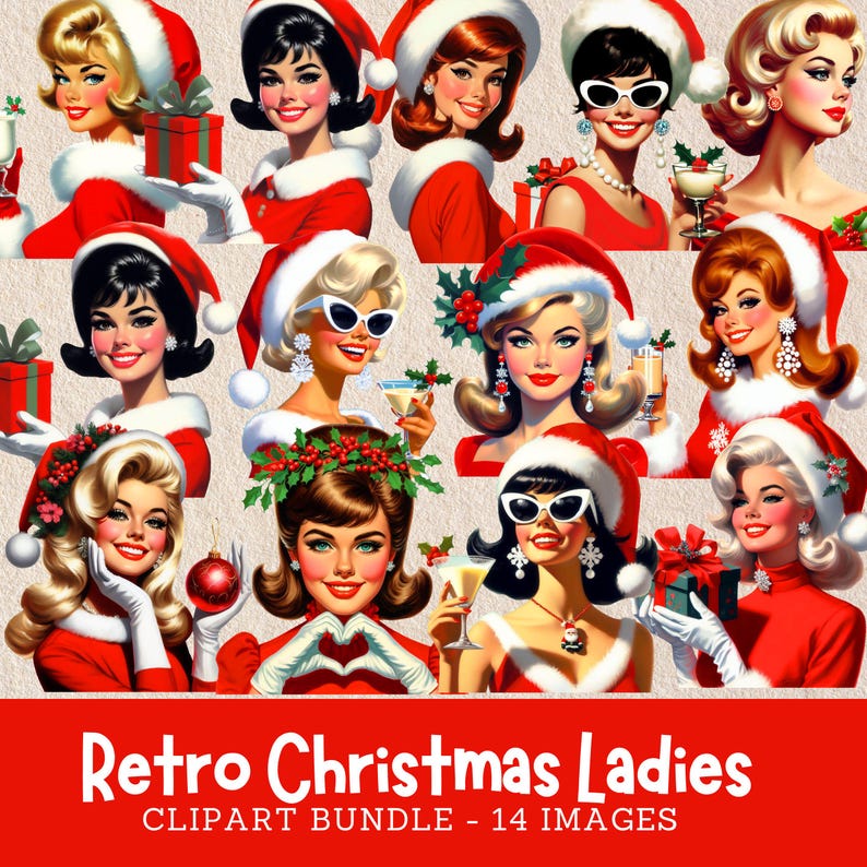 Retro Christmas Ladies Clipart Bundle Vintage 1960s Women Christmas ...
