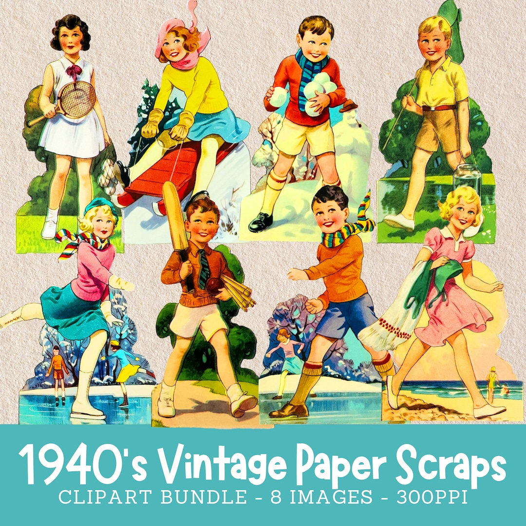 1940s Children Clipart Bundle: Vintage Paper Scraps (digital Download ...