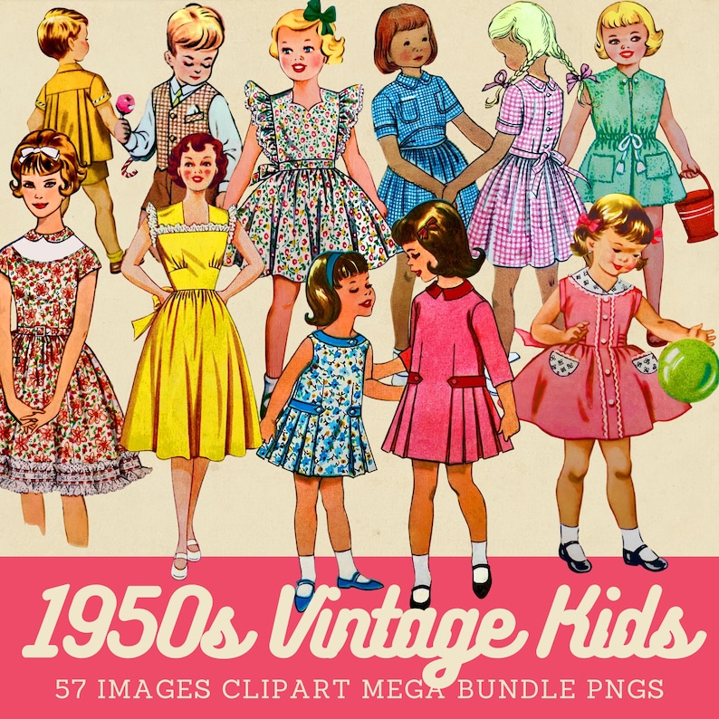 1950s Clipart Vintage Kids PNG Midcentury Fashion Clipart Bundle 1950s ...