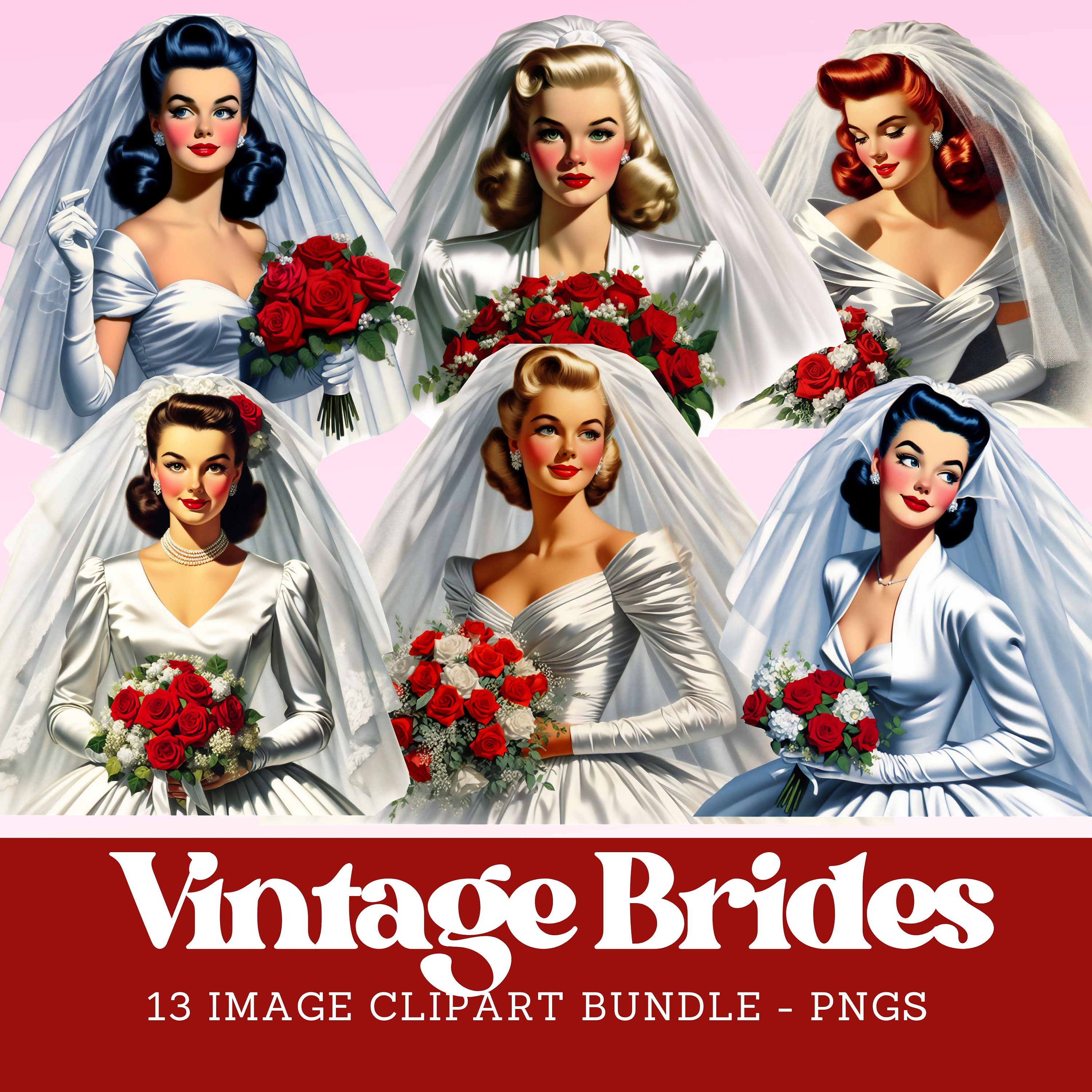 Vintage Brides Clipart Bundle Retro Wedding 1950s Bride Digital Image ...