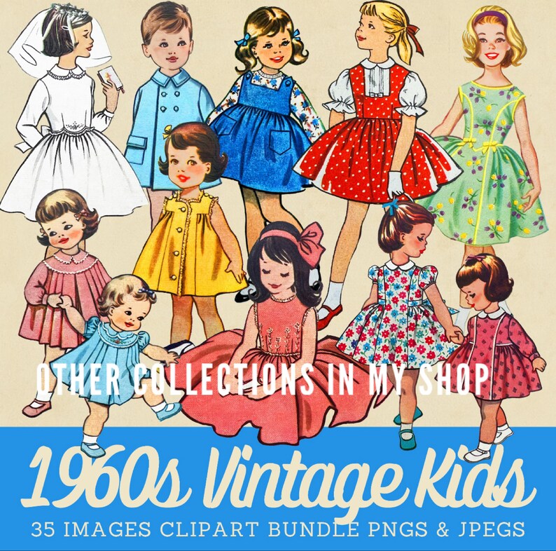 Retro 70s Sewing Clipart Bundle: Vintage Kids PNG Images (digital ...